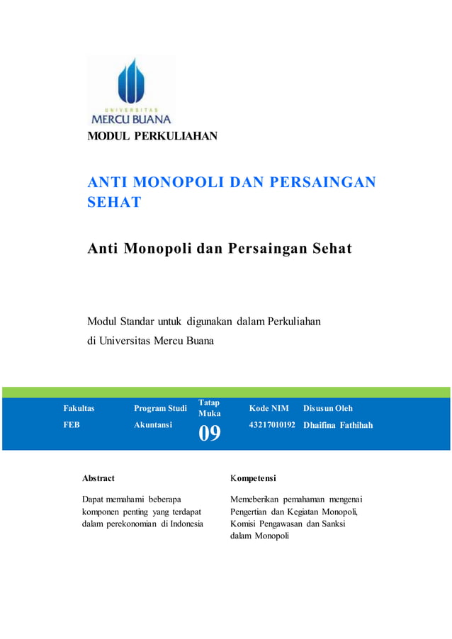 HBL, Dhaifina Fathihah, Hapzi Ali, Anti Monopoli dan Persaingan Tidak Sehat, Universitas Mercu ...