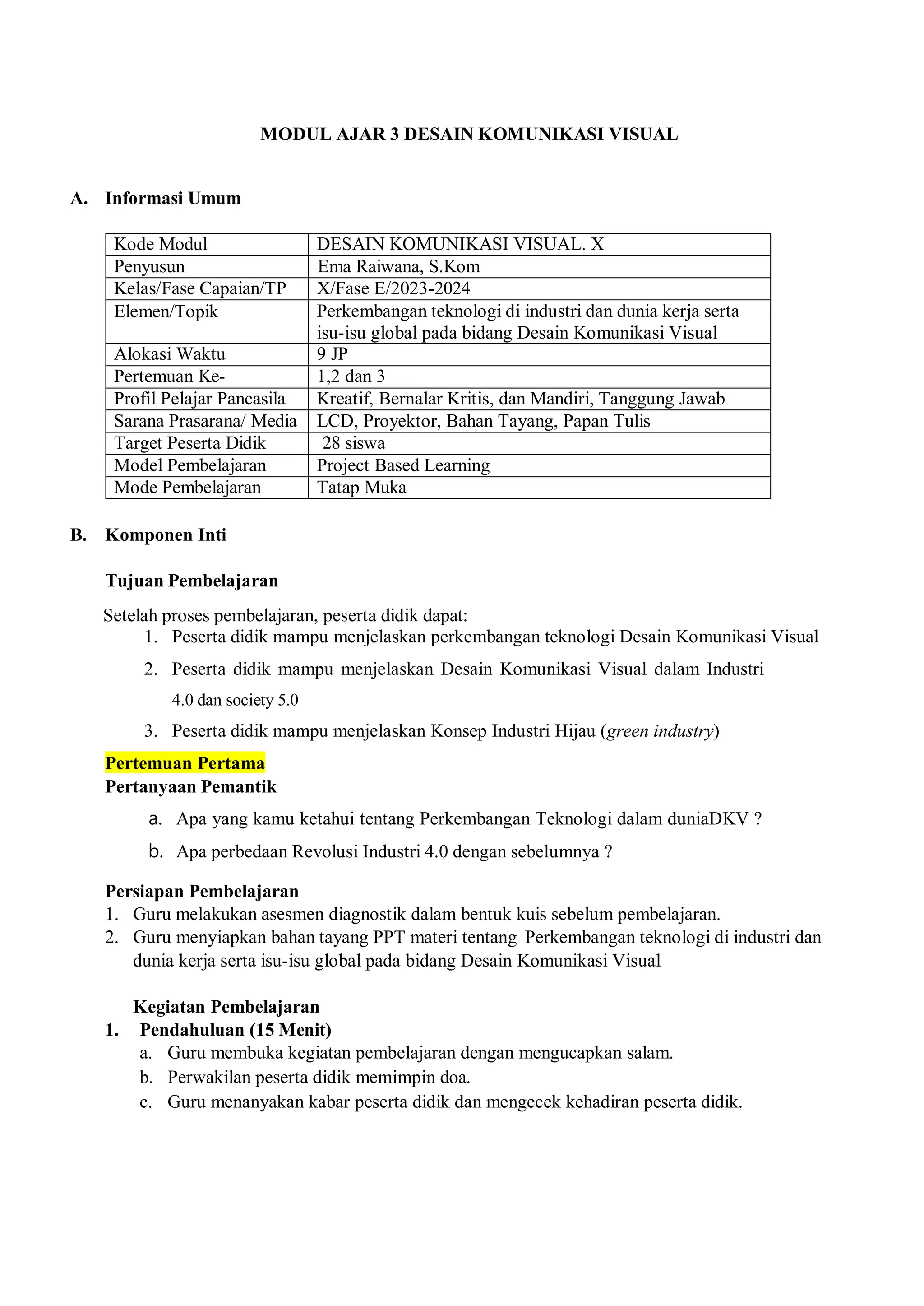 MODUL AJAR 3 DKV JURUSAN KONSENTRASI KEAHLIAN KELAS XI SEMETER 1 | PDF
