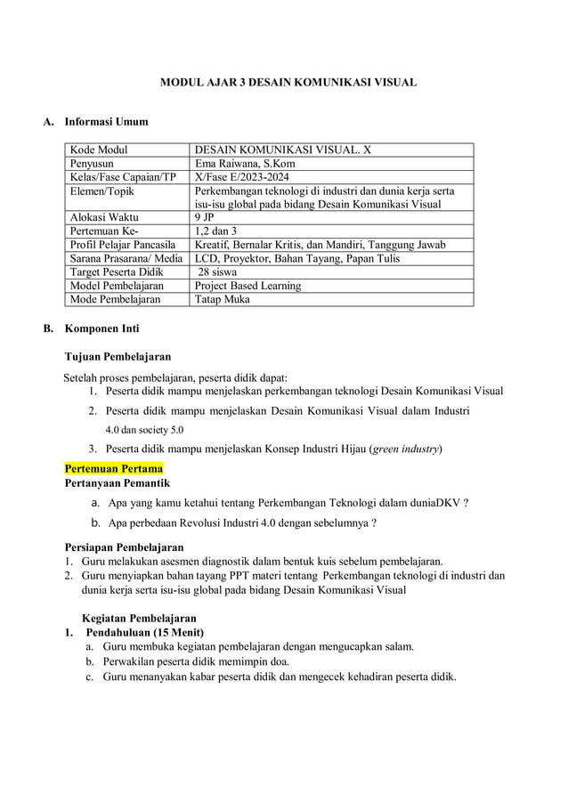 MODUL AJAR 3 DKV JURUSAN KONSENTRASI KEAHLIAN KELAS XI SEMETER 1 | PDF