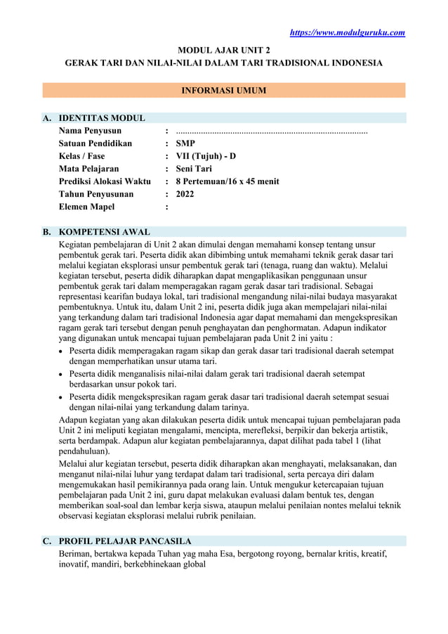Modul Ajar Kelas 7 SMP Seni Tari Fase D Unit 2 | DOCX