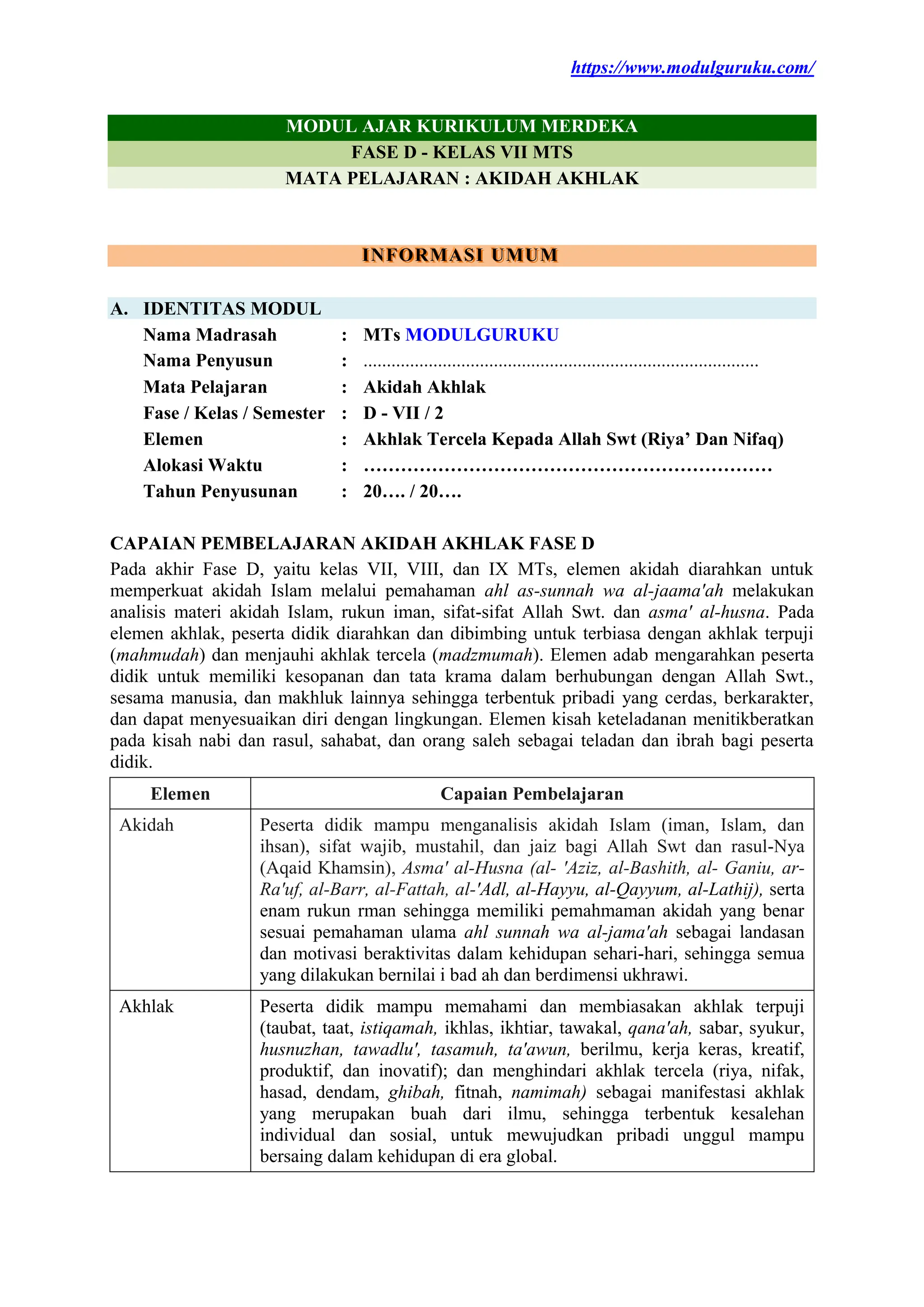 Modul Ajar Akidah Akhlak Kelas 7 Fase D Kurikulum Merdeka | PDF
