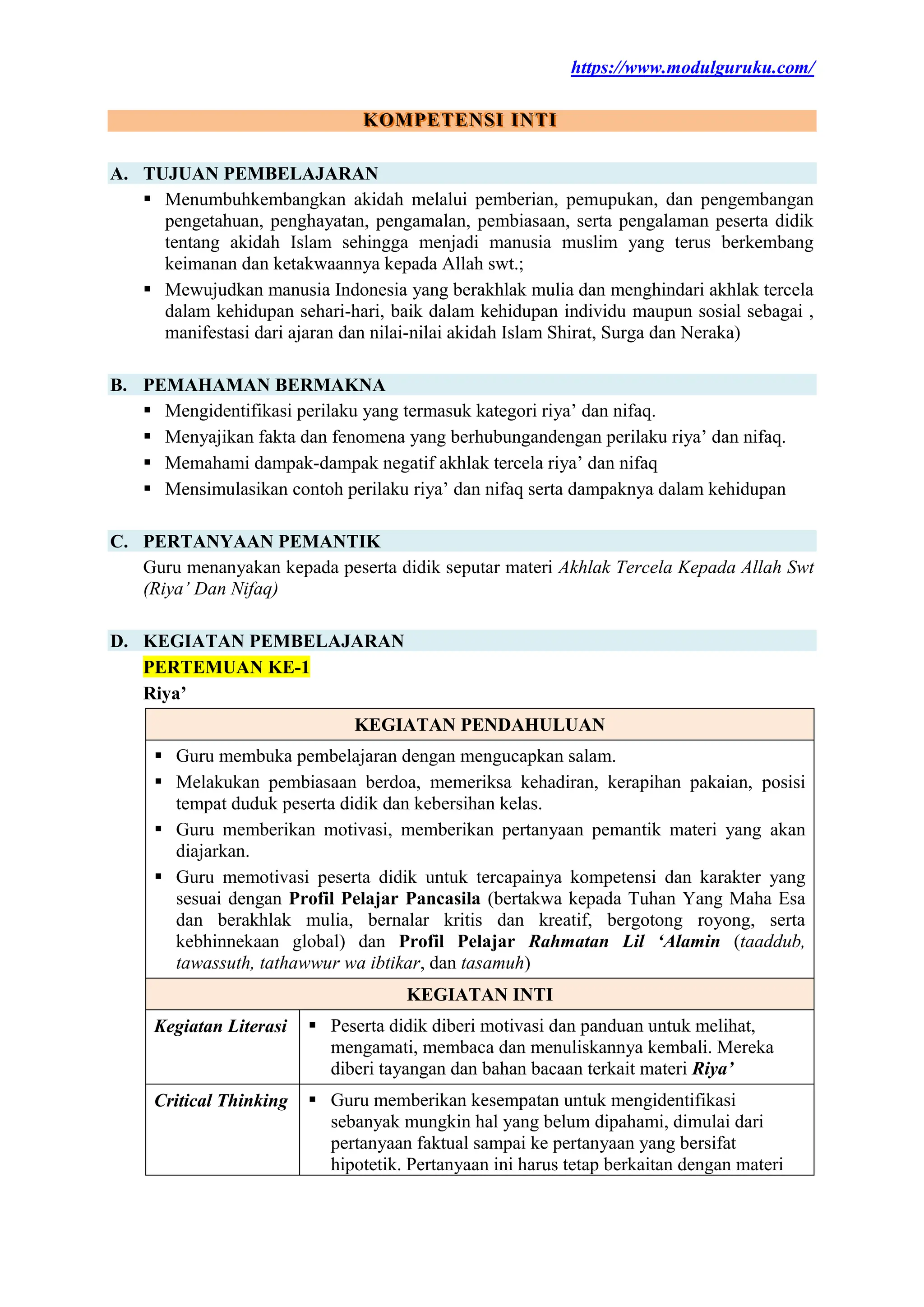 Modul Ajar Akidah Akhlak Kelas 7 Fase D Kurikulum Merdeka | PDF