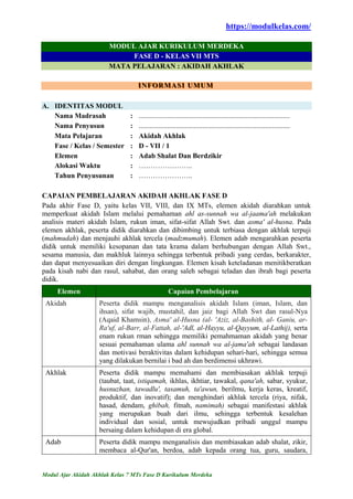 Modul Ajar Akidah Akhlak Kelas 7 MTs Fase D Kurikulum Merdeka | PDF