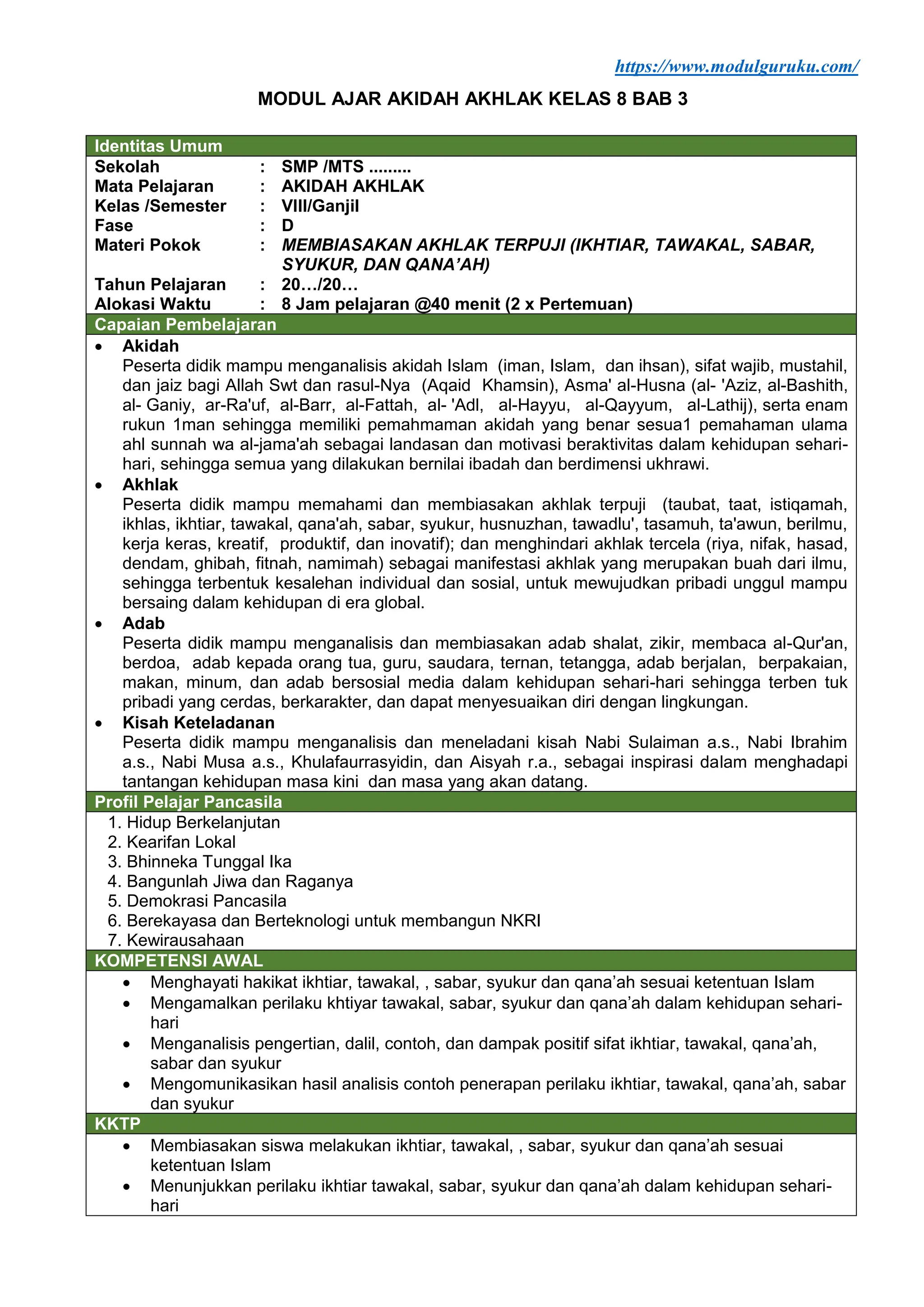 Modul Ajar Akidah Akhlak Kelas 8 Fase D Kurikulum Merdeka | PDF