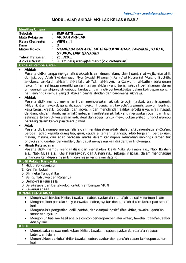 Modul Ajar Akidah Akhlak Kelas 8 Fase D Kurikulum Merdeka | PDF