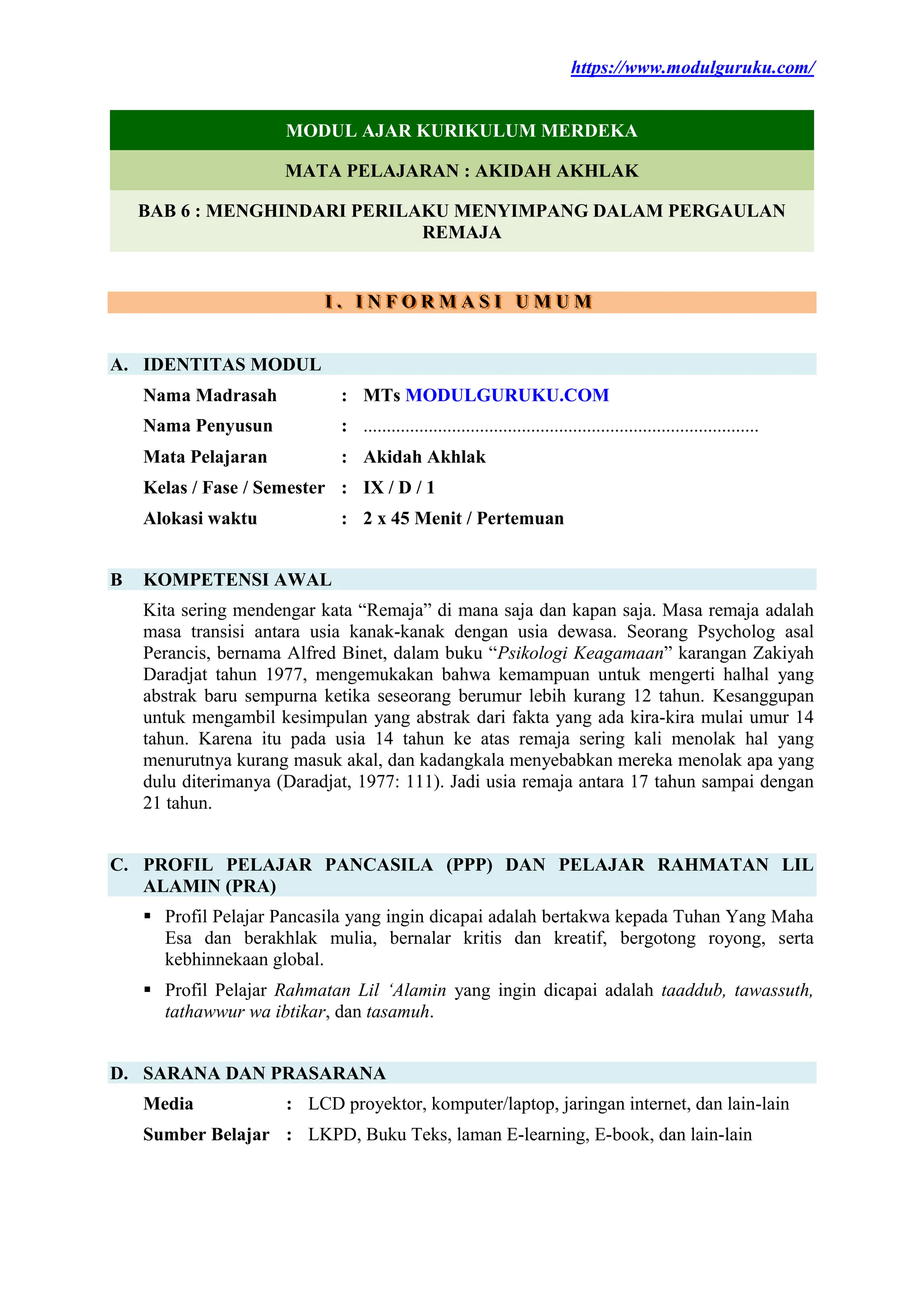 Modul Ajar Akidah Akhlak Kelas 9 Fase D Kurikulum Merdeka | PDF