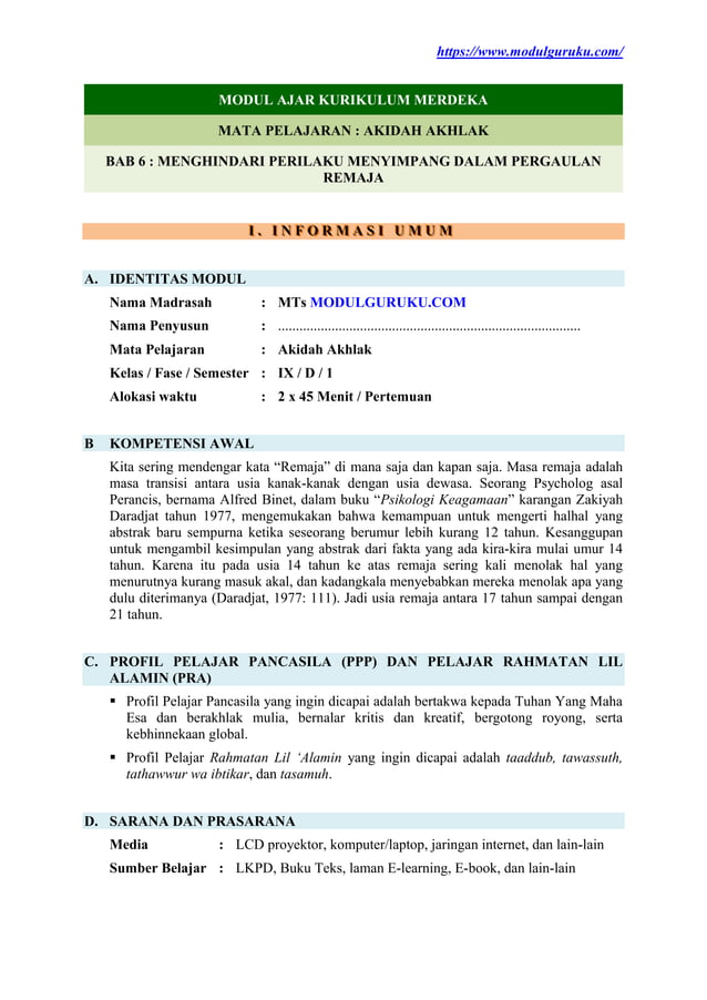 Modul Ajar Akidah Akhlak Kelas 9 Fase D Kurikulum Merdeka | PDF
