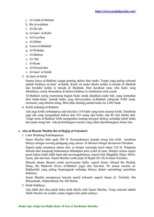 Modul Ajar Al-Qur'an Hadis Kelas 10 Fase E Kurikulum Merdeka | PDF