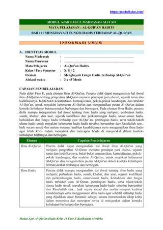 Modul Ajar Al-Qur'an Hadis Kelas 10 MA Fase E Kurikulum Merdeka | PDF