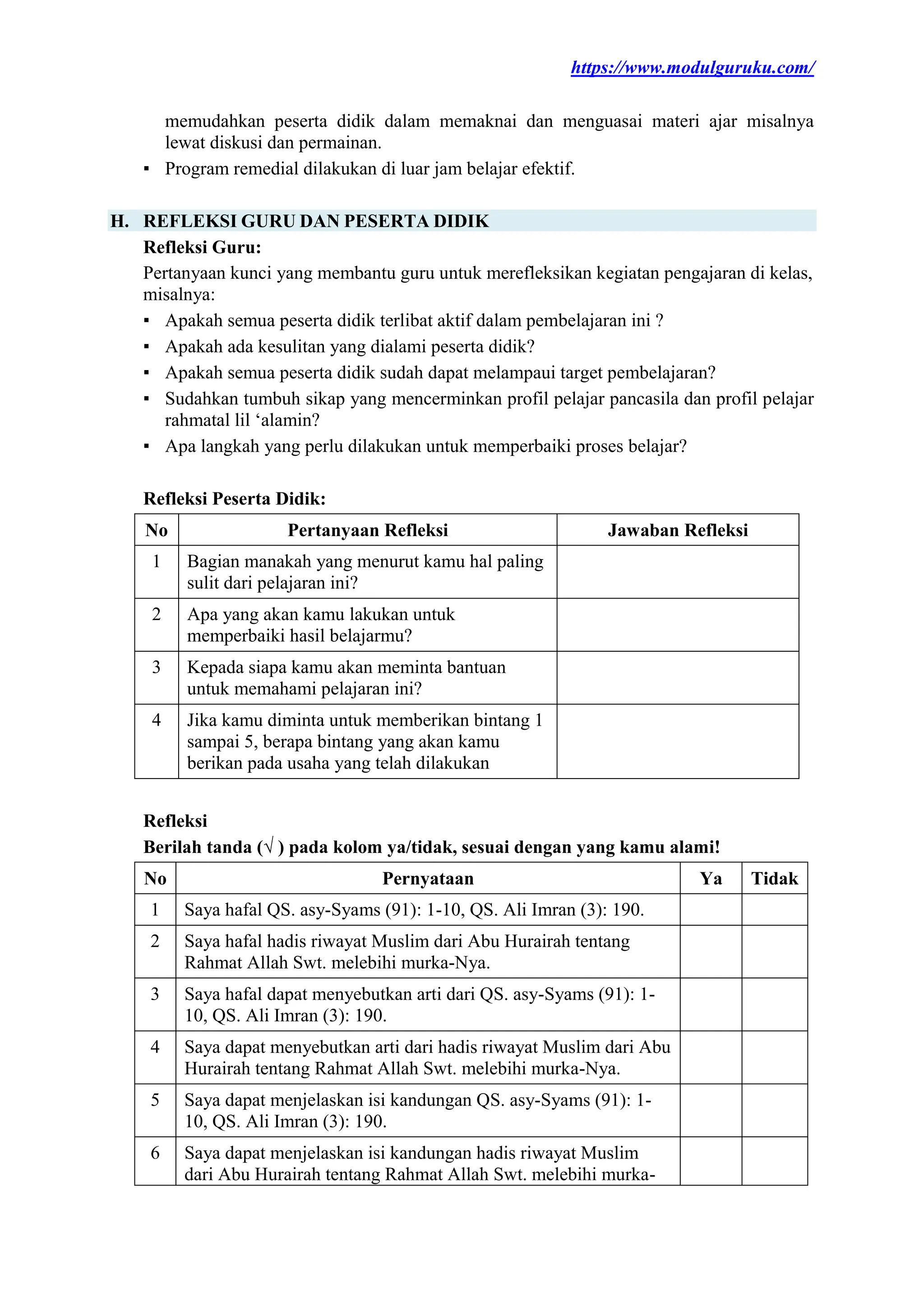 Modul Ajar Al-Qur’an Hadis Kelas 7 Fase D Kurikulum Merdeka | PDF
