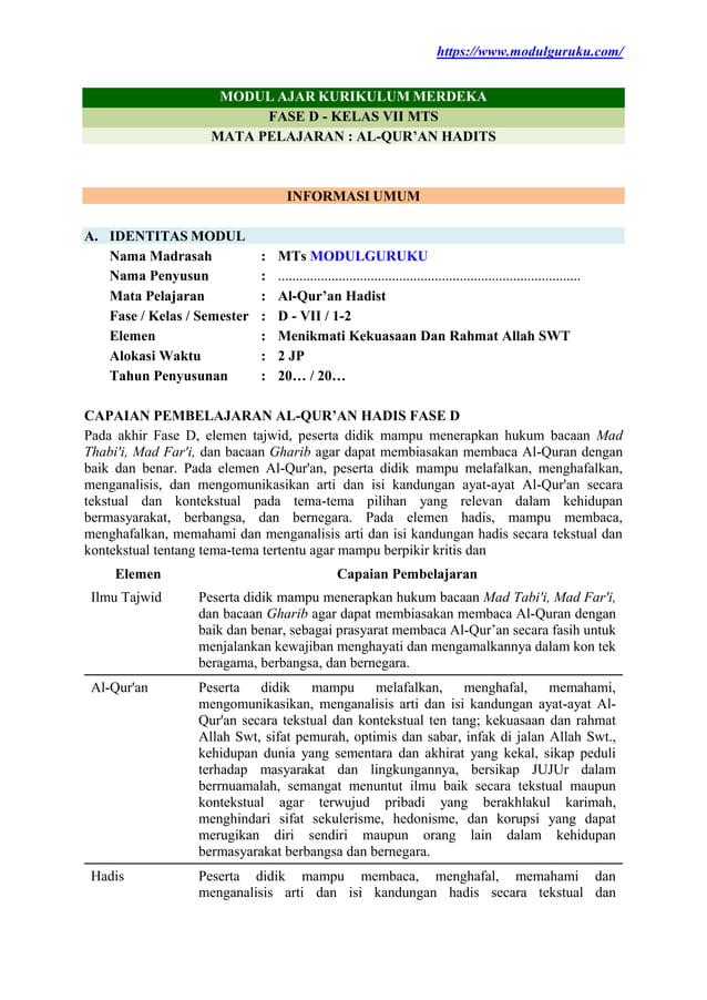 Modul Ajar Al-Qur’an Hadis Kelas 7 Fase D Kurikulum Merdeka | PDF