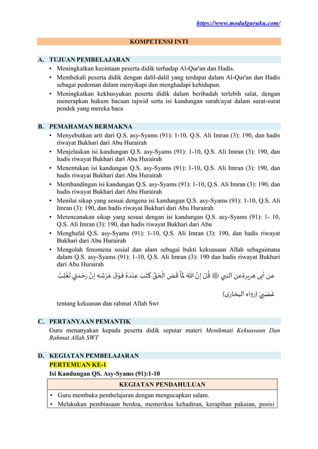 Modul Ajar Al-Qur’an Hadis Kelas 7 Fase D Kurikulum Merdeka | PDF