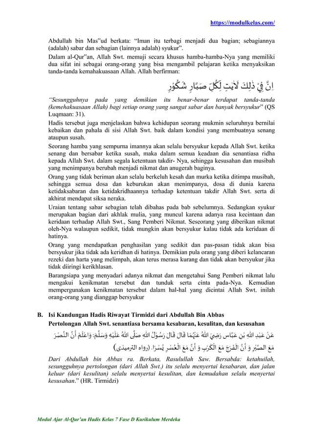 Modul Ajar Al-Qur’an Hadis Kelas 7 MTs Fase D Kurikulum Merdeka | PDF