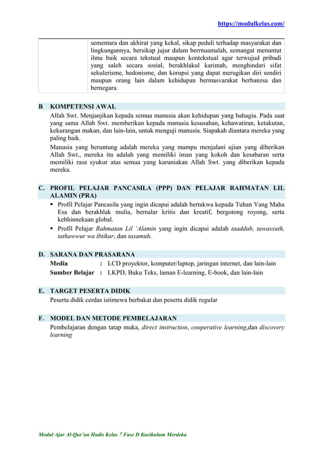 Modul Ajar Al-Qur’an Hadis Kelas 7 MTs Fase D Kurikulum Merdeka | PDF