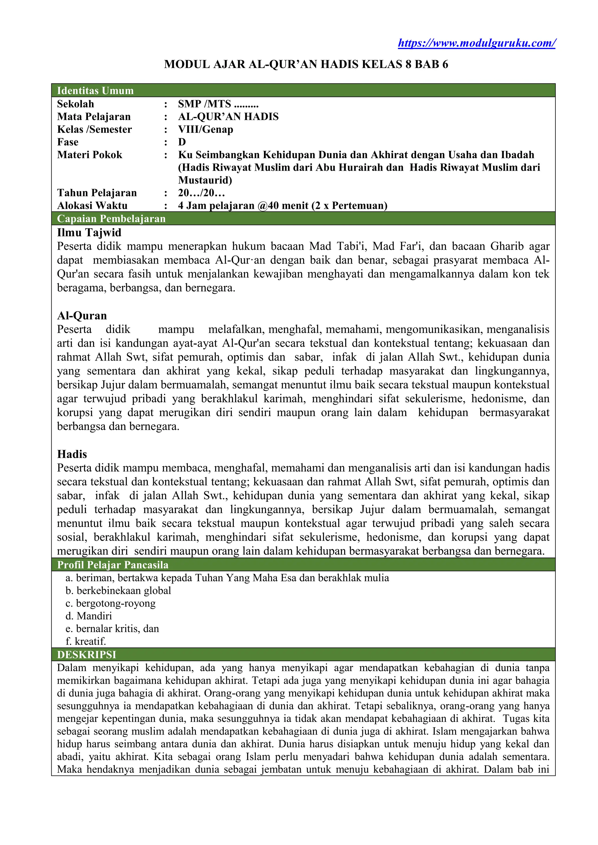Modul Ajar Al-Qur’an Hadis Kelas 8 Fase D Kurikulum Merdeka | PDF