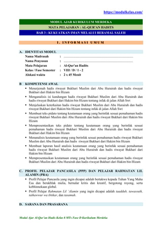 Modul Ajar Al-Qur'an Hadis Kelas 8 MTs Fase D Kurikulum Merdeka | PDF