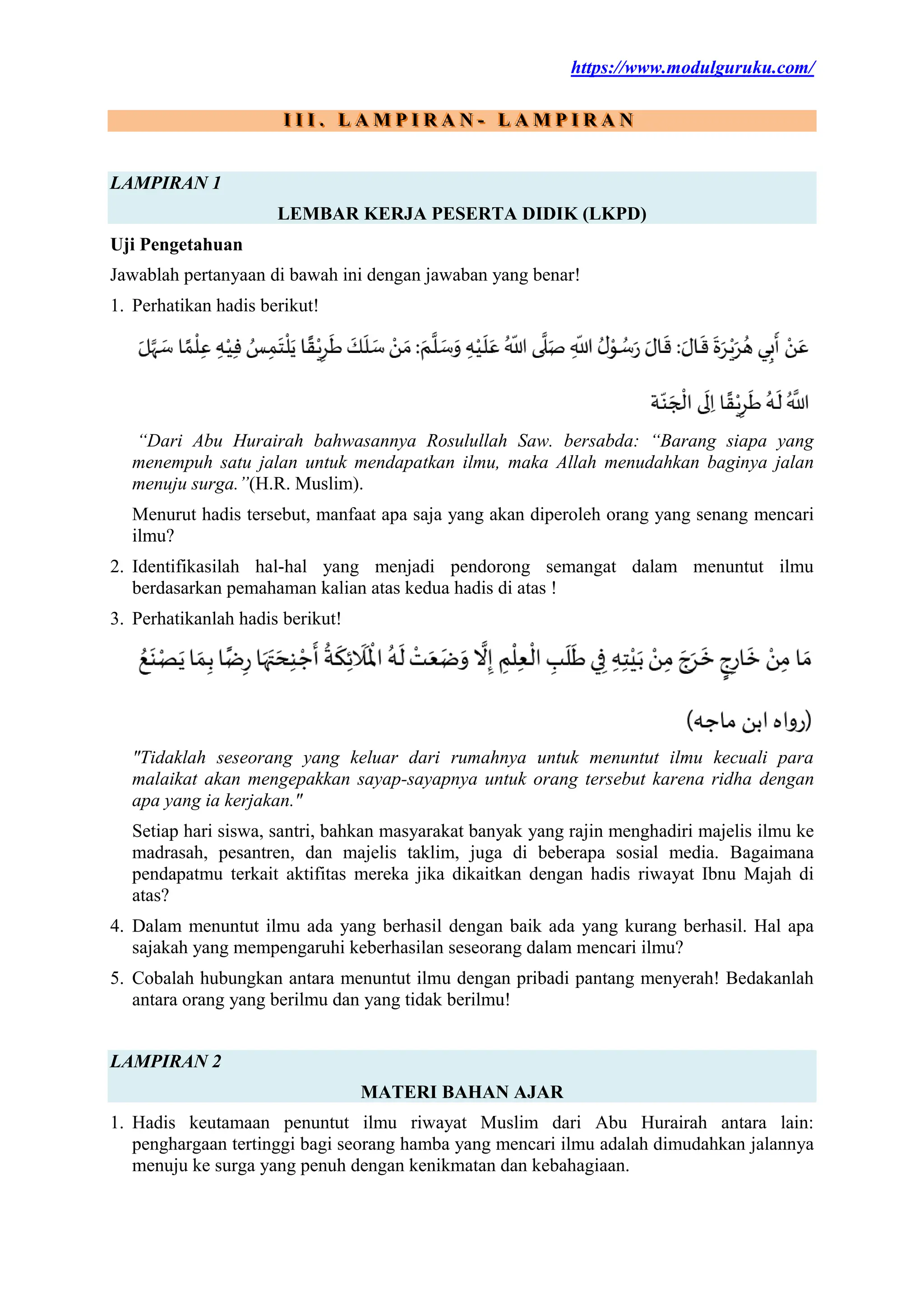 Modul Ajar Al-Qur’an Hadis Kelas 9 Fase D Kurikulum Merdeka | PDF