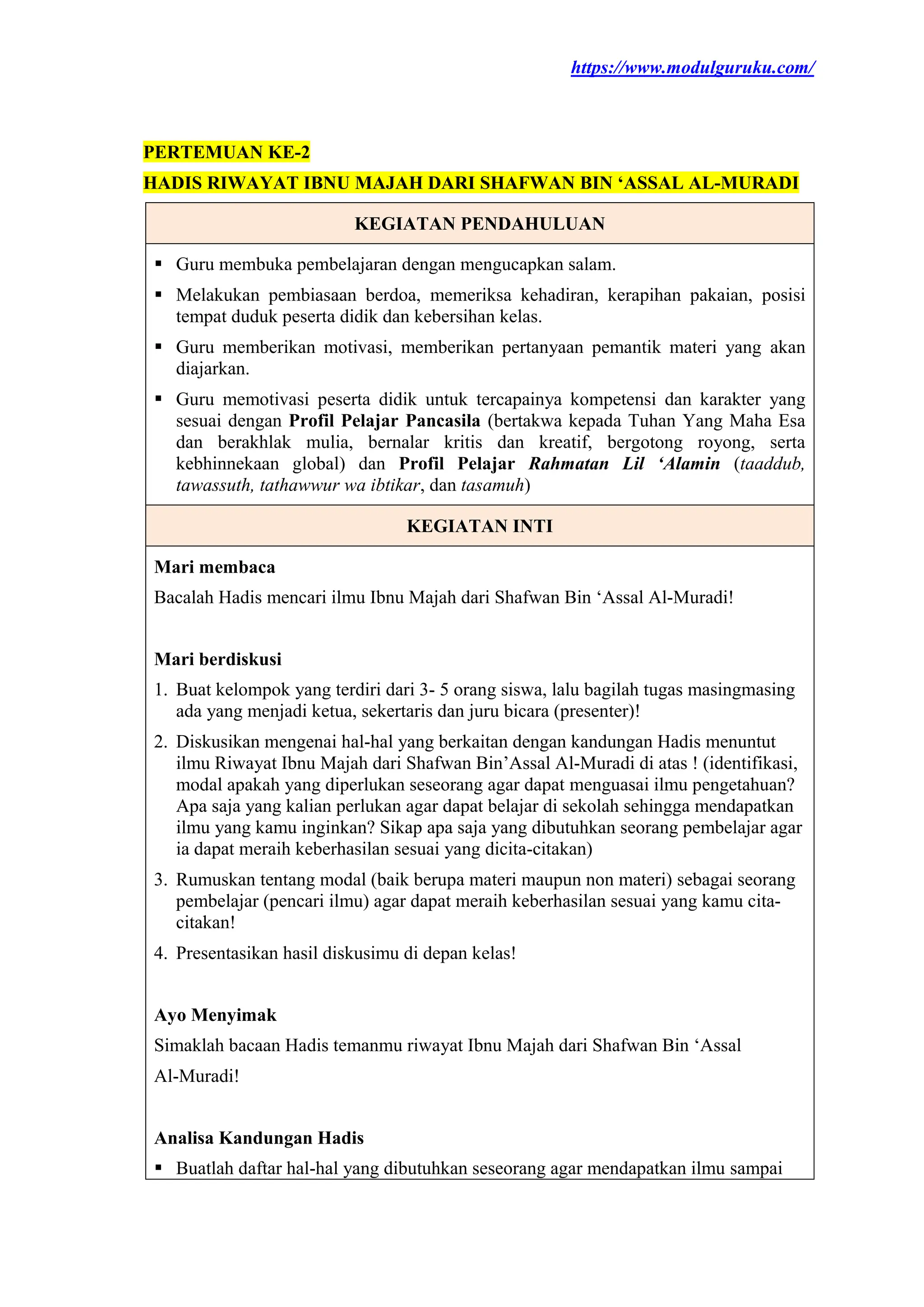 Modul Ajar Al-Qur’an Hadis Kelas 9 Fase D Kurikulum Merdeka | PDF