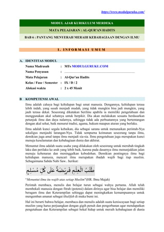 Modul Ajar Al-Qur’an Hadis Kelas 9 Fase D Kurikulum Merdeka | PDF