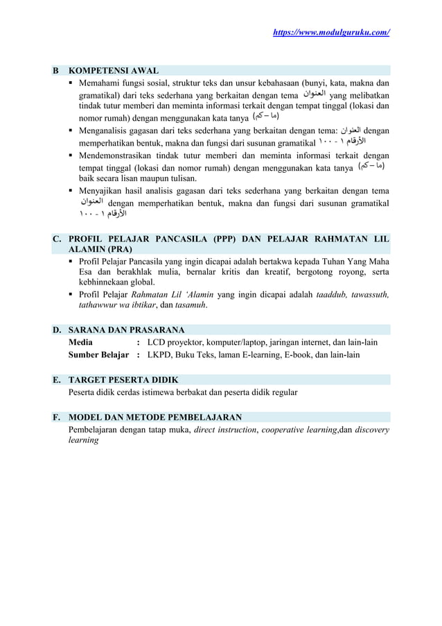 Modul Ajar Bahasa Arab Kelas 7 Fase D Kurikulum Merdeka | PDF