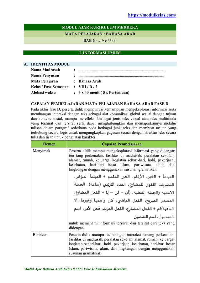 Modul Ajar Bahasa Arab Kelas 8 MTs Fase D Kurikulum Merdeka | PDF