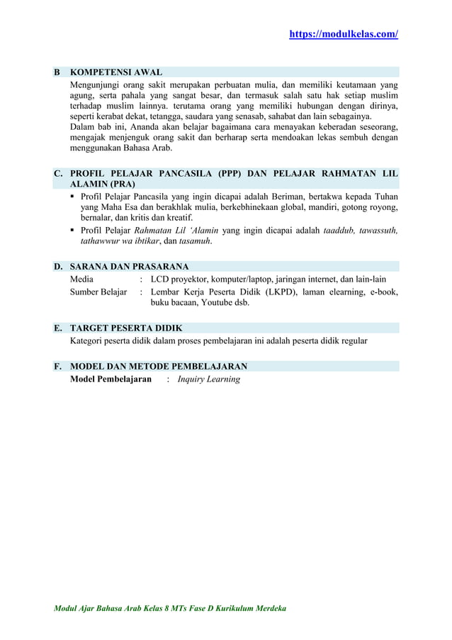 Modul Ajar Bahasa Arab Kelas 8 MTs Fase D Kurikulum Merdeka | PDF