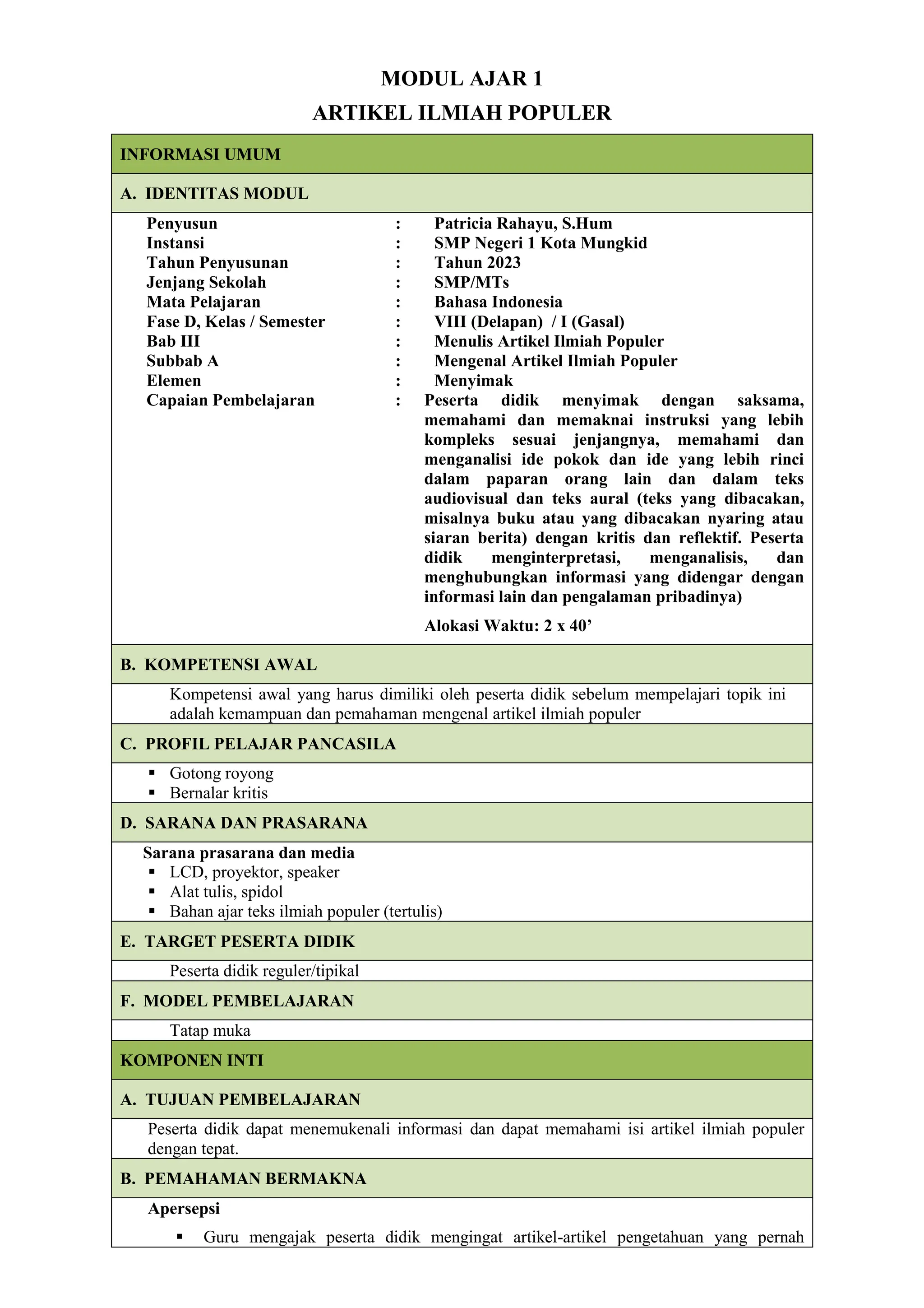 Modul Ajar Bahasa Indonesia - Memahami Informasi Teks Artikel Ilmiah ...
