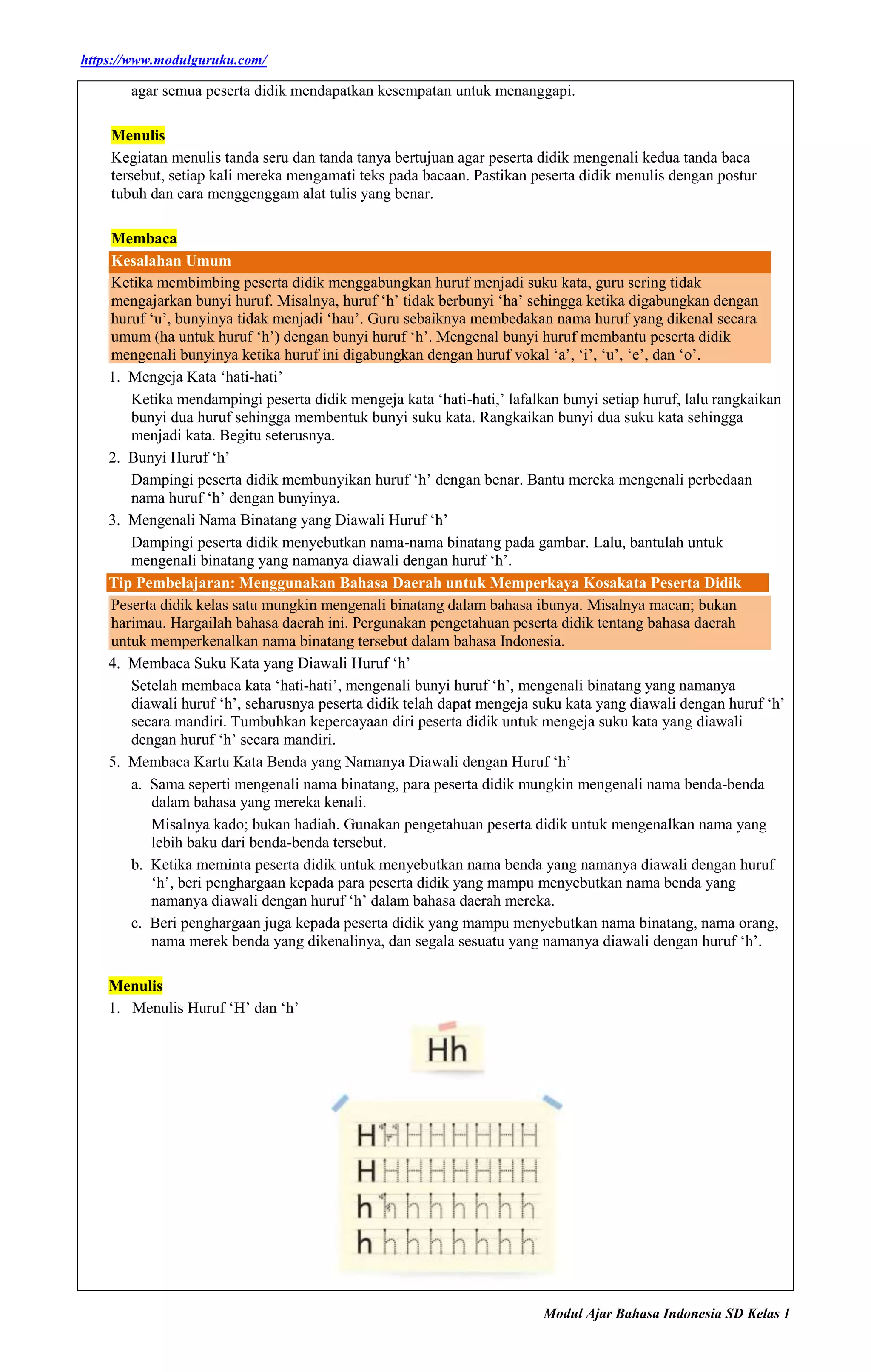 Modul Ajar Bahasa Indonesia Kelas 1 Fase A Kurikulum Merdeka | DOCX