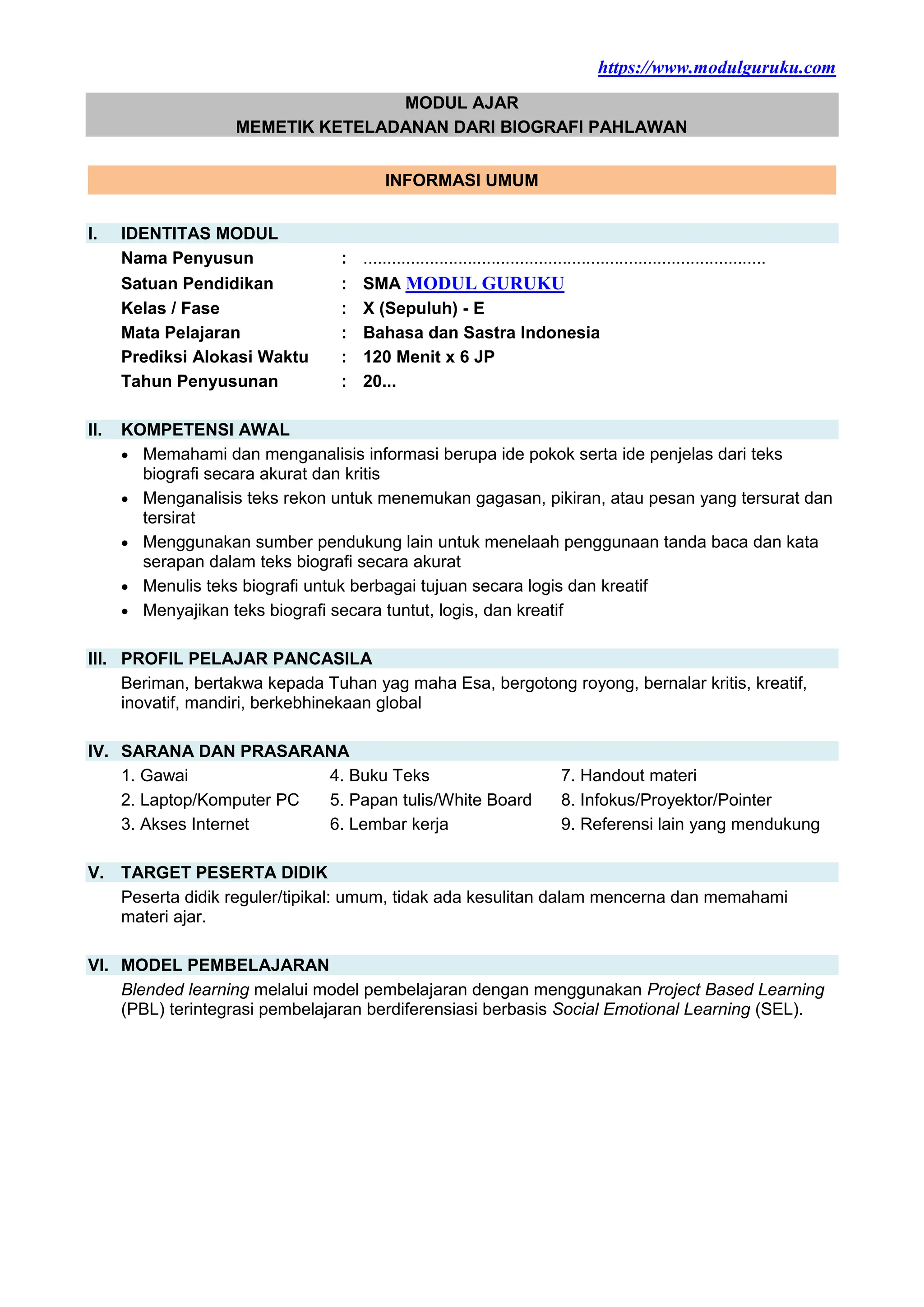 Modul Ajar Bahasa Indonesia Kelas 10 Fase E | PDF