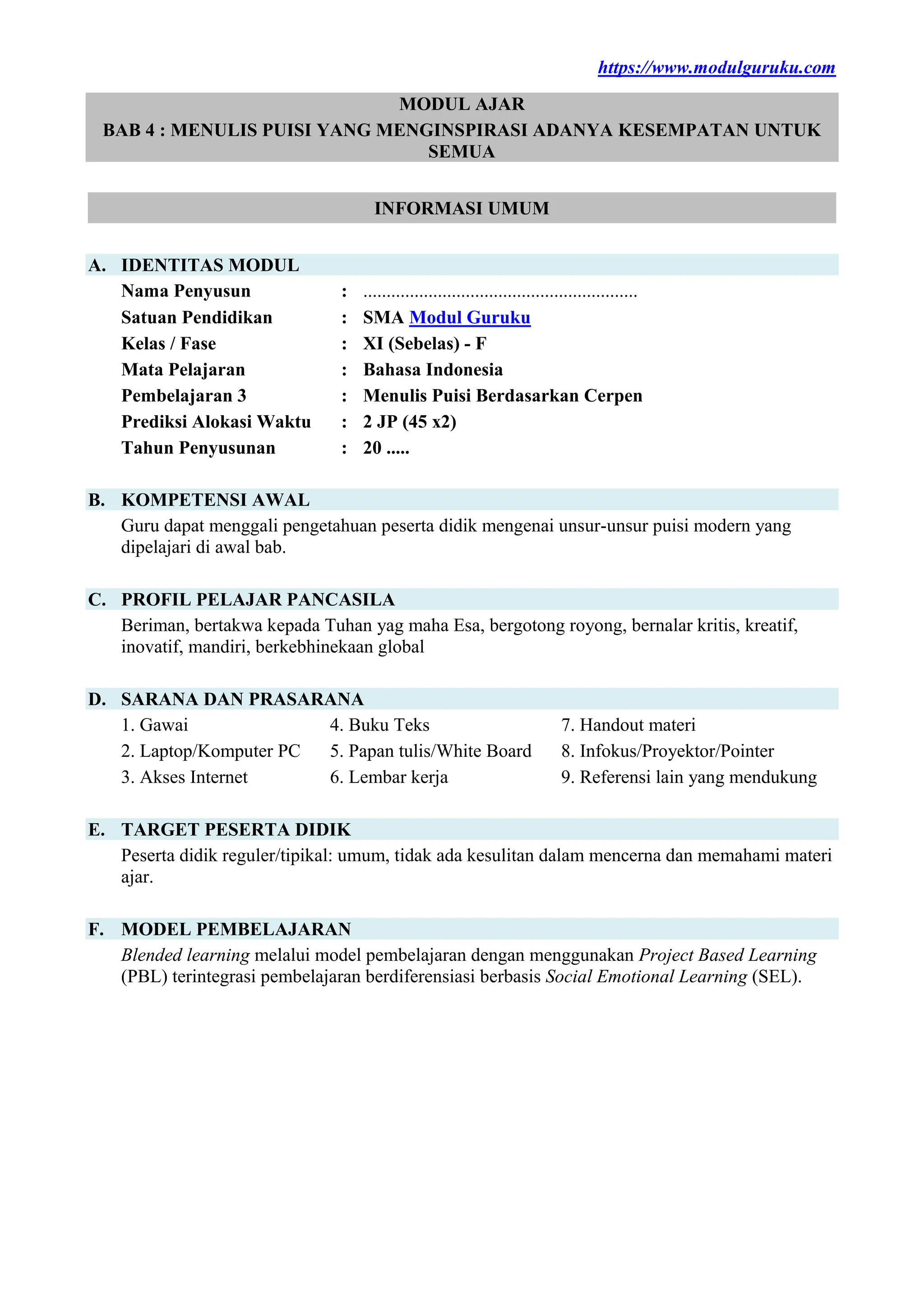 Modul Ajar Bahasa Indonesia Kelas 11 Fase F | PDF