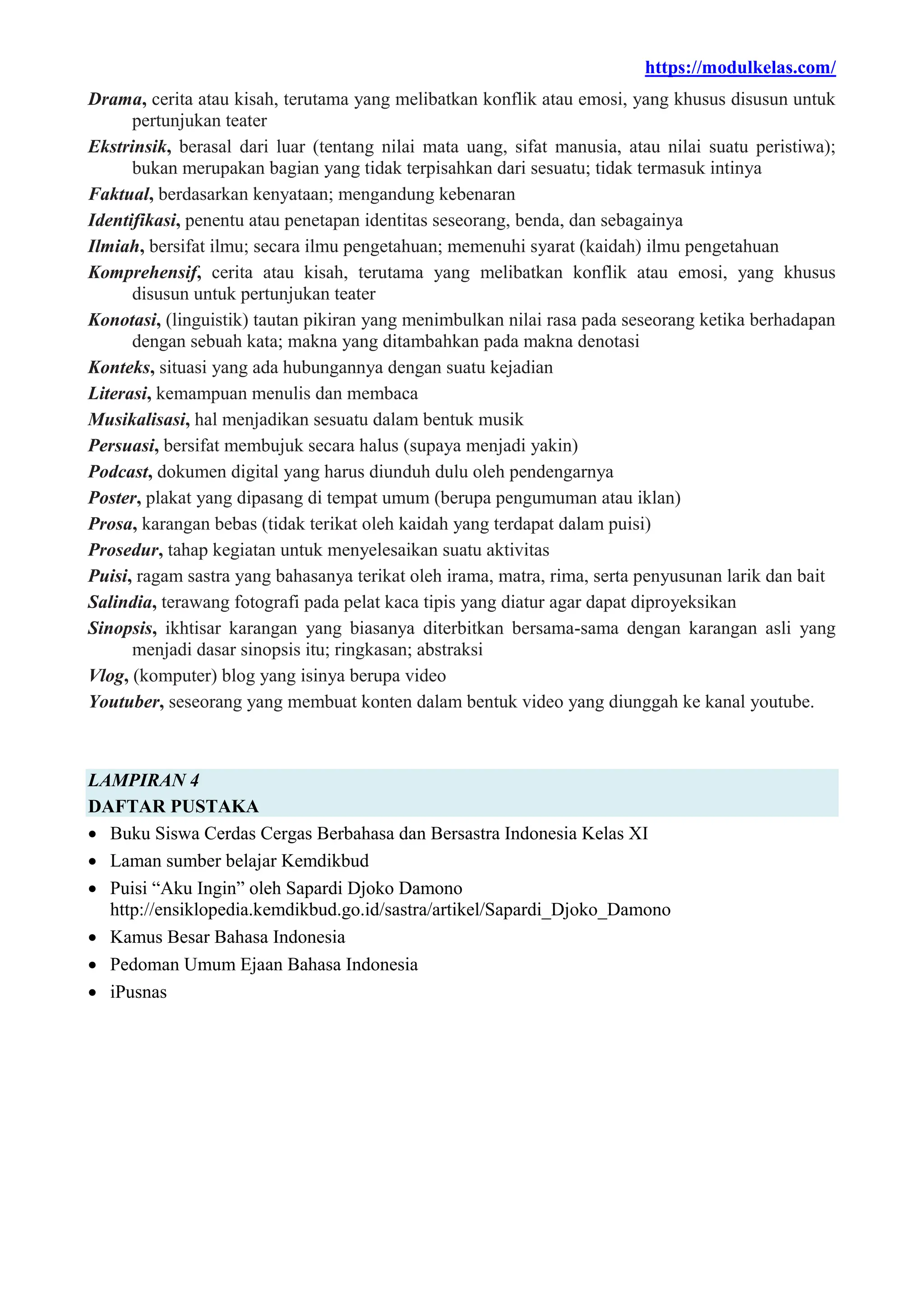 Modul Ajar Bahasa Indonesia Kelas 11 Fase F Kurikulum Merdeka [MODULKELAS.COM] | PDF