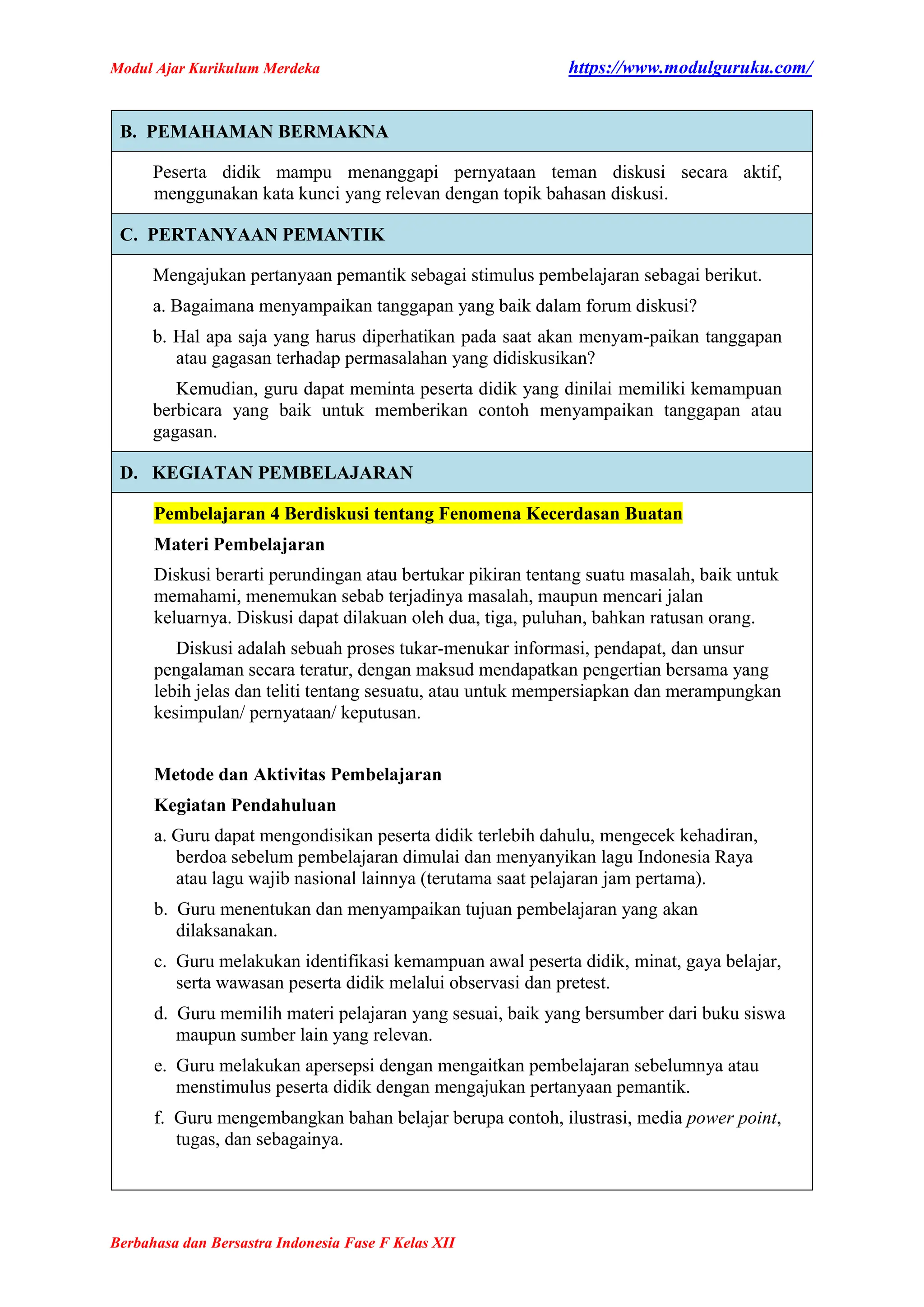 Modul Ajar Bahasa Indonesia Kelas 12 Fase F Kurikulum Merdeka | PDF