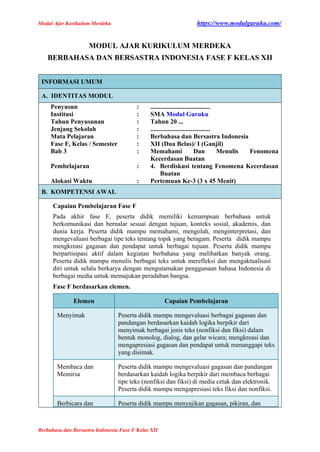 Modul Ajar Bahasa Indonesia Kelas 12 Fase F Kurikulum Merdeka | PDF