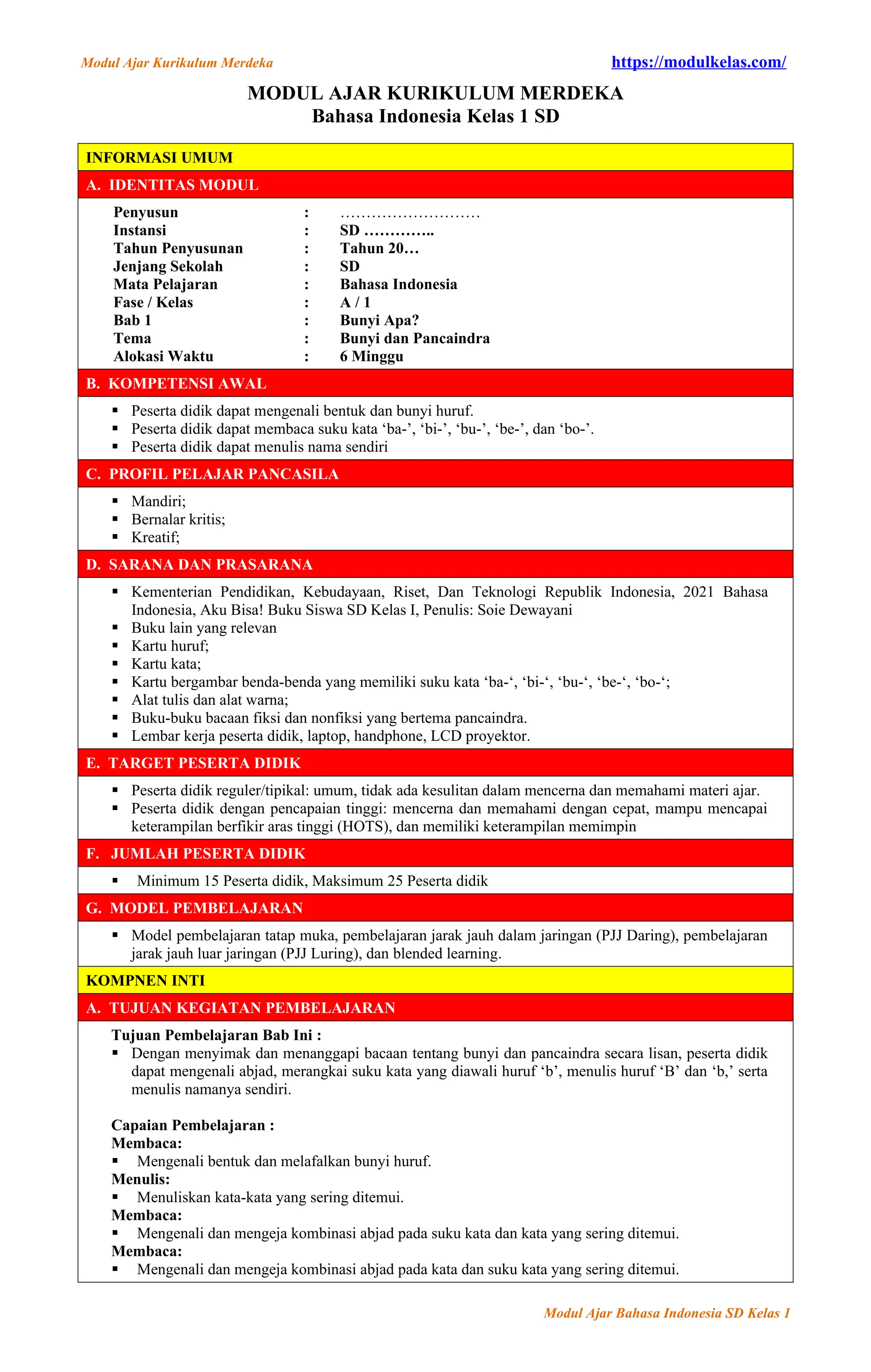 Modul Ajar Bahasa Indonesia Kelas 1 Fase A Kurikulum Merdeka ...
