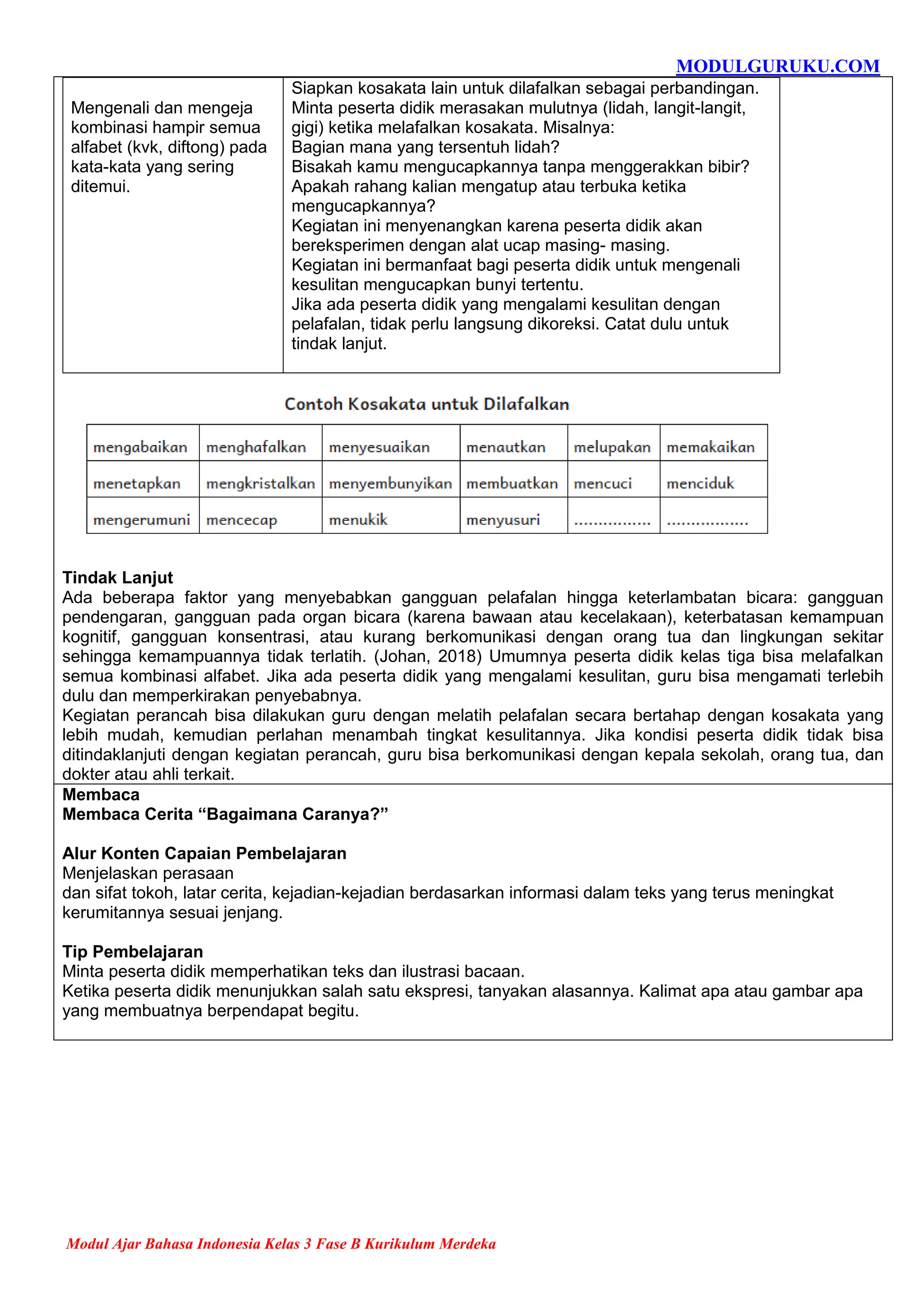 Modul Ajar Bahasa Indonesia Kelas 3 Fase B Kurikulum Merdeka | PDF