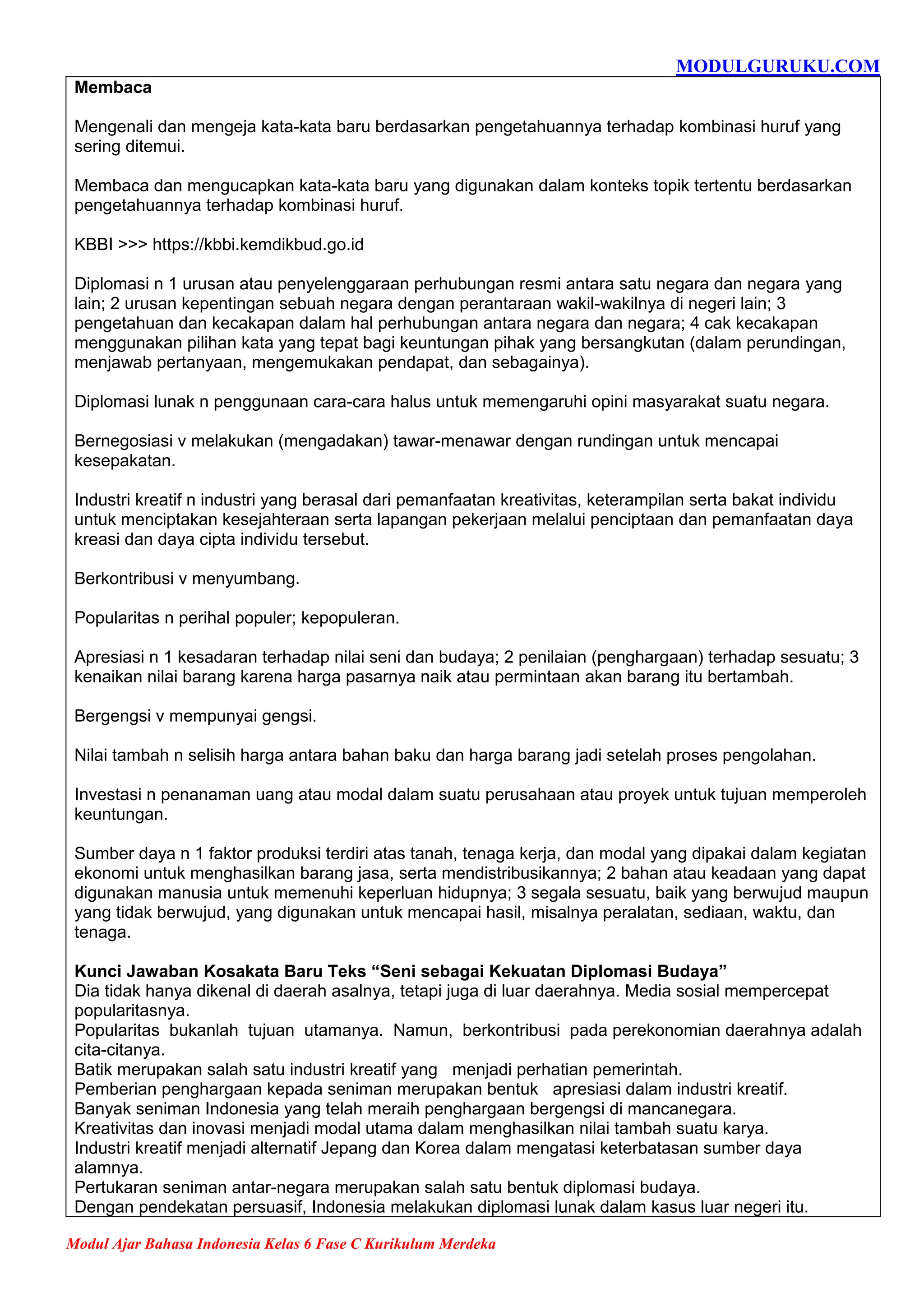 Modul Ajar Bahasa Indonesia Kelas 6 Fase C Kurikulum Merdeka | PDF