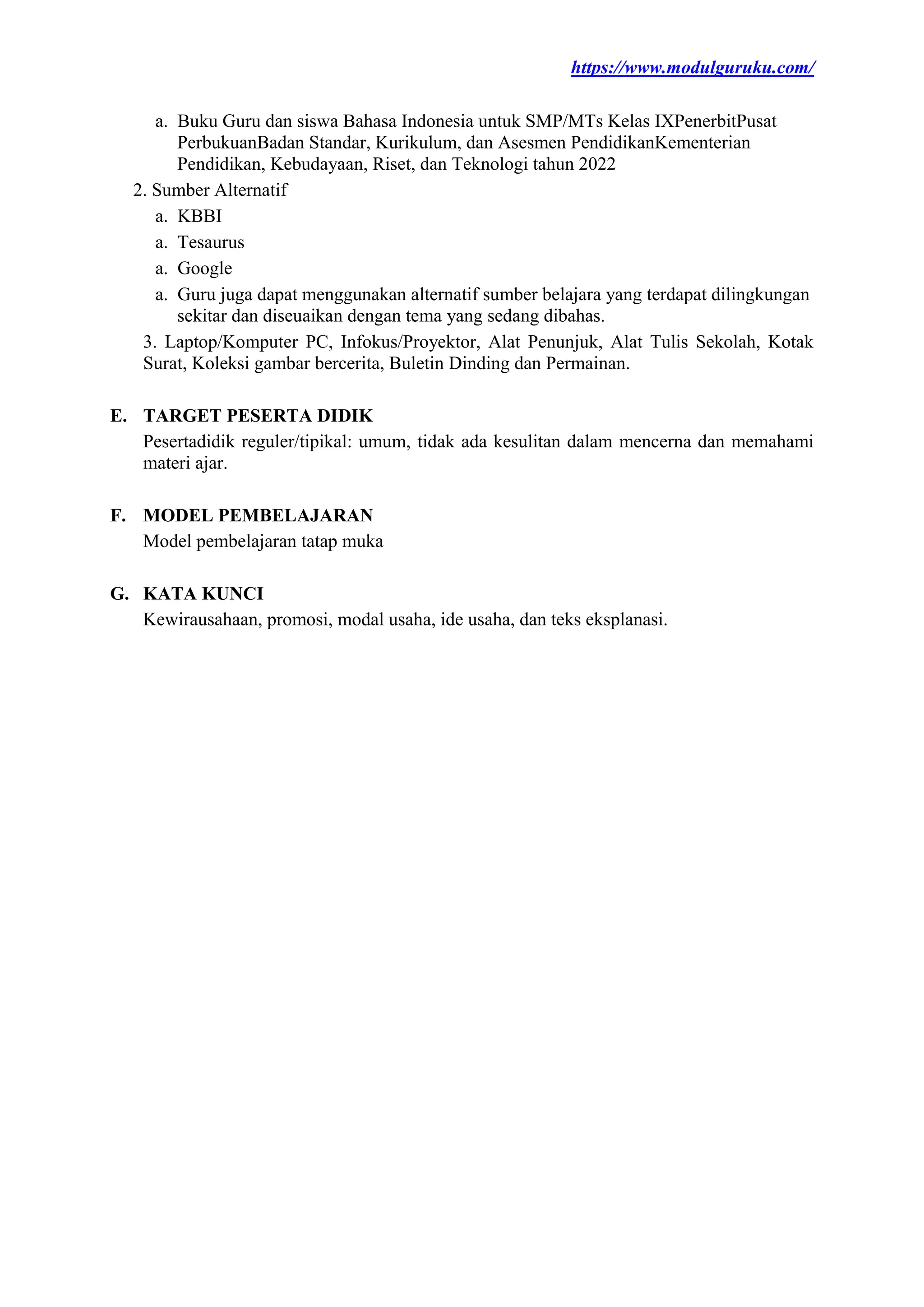 Modul Ajar Bahasa Indonesia Kelas 9 Fase D Kurikulum Merdeka | PDF