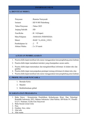 MODUL AJAR BAHASA INDONESIA SD KELAS IV BAB 7 A.ASAL-USUL (RANNISSA ...