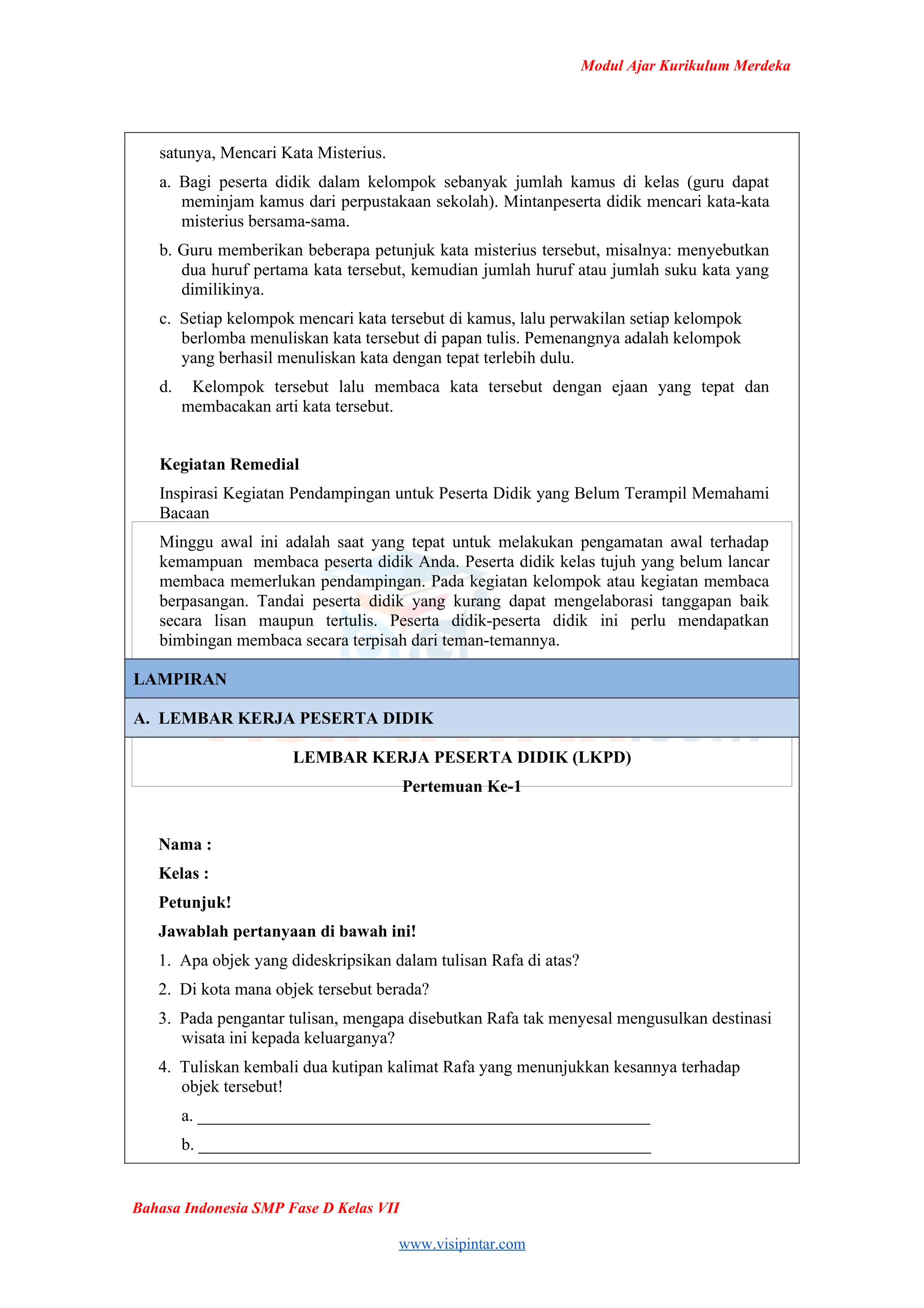 Modul Ajar BAHASA INDONESIA SMP KELAS 7 KURMER.docx