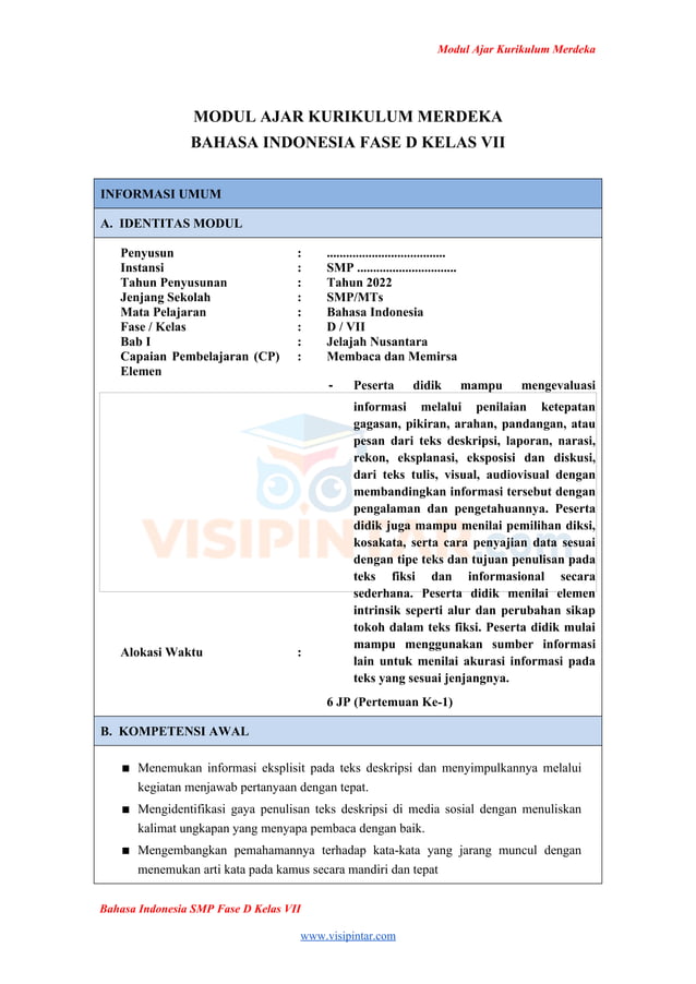 Modul Ajar BAHASA INDONESIA SMP KELAS 7 KURMER.docx