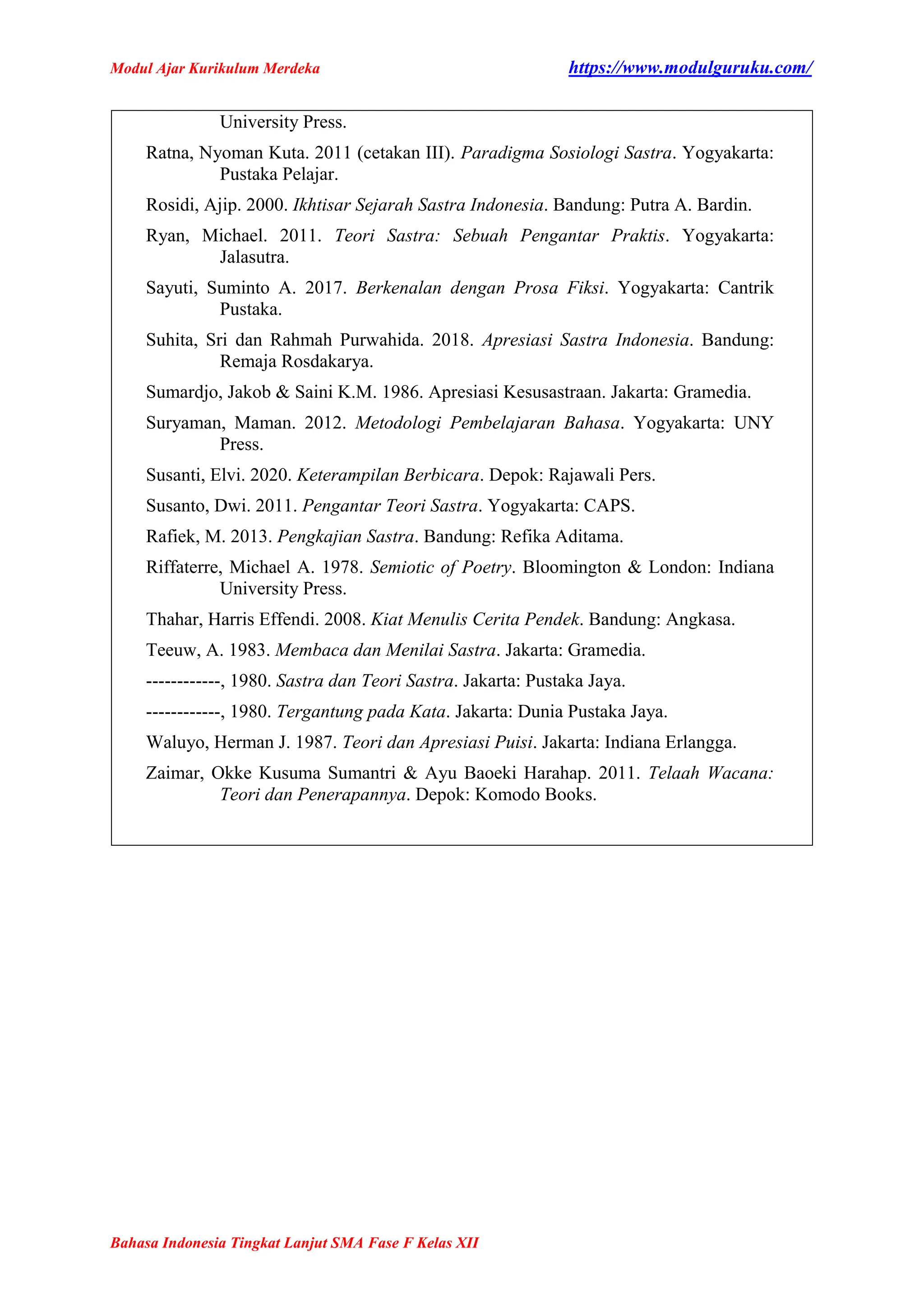 Modul Ajar Bahasa Indonesia Tingkat Lanjut Kelas 12 Fase F Kurikulum Merdeka | PDF