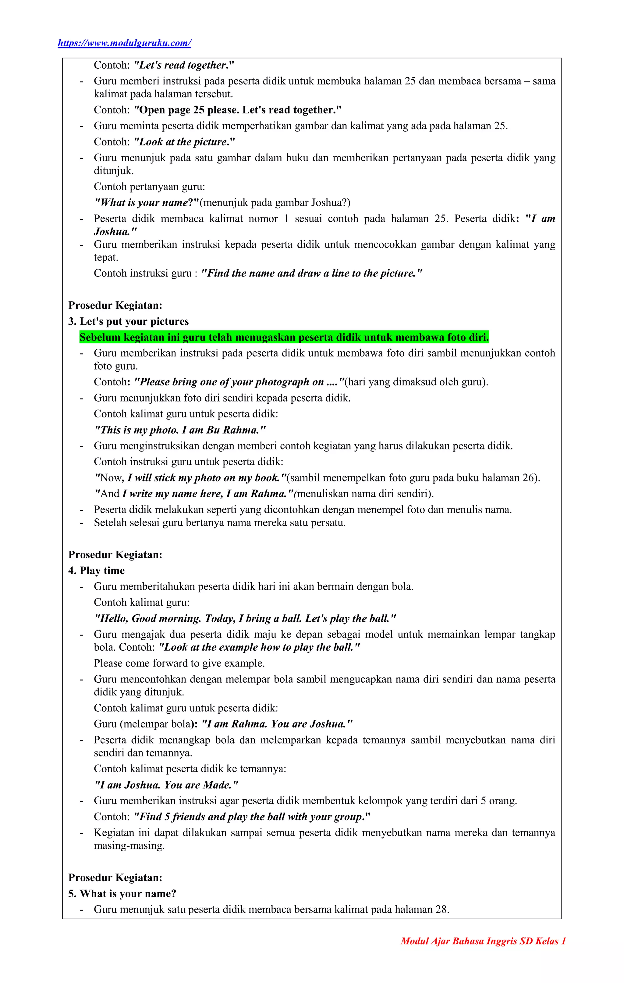 Modul Ajar Bahasa Inggris BAB 2 Kelas 1 | DOCX