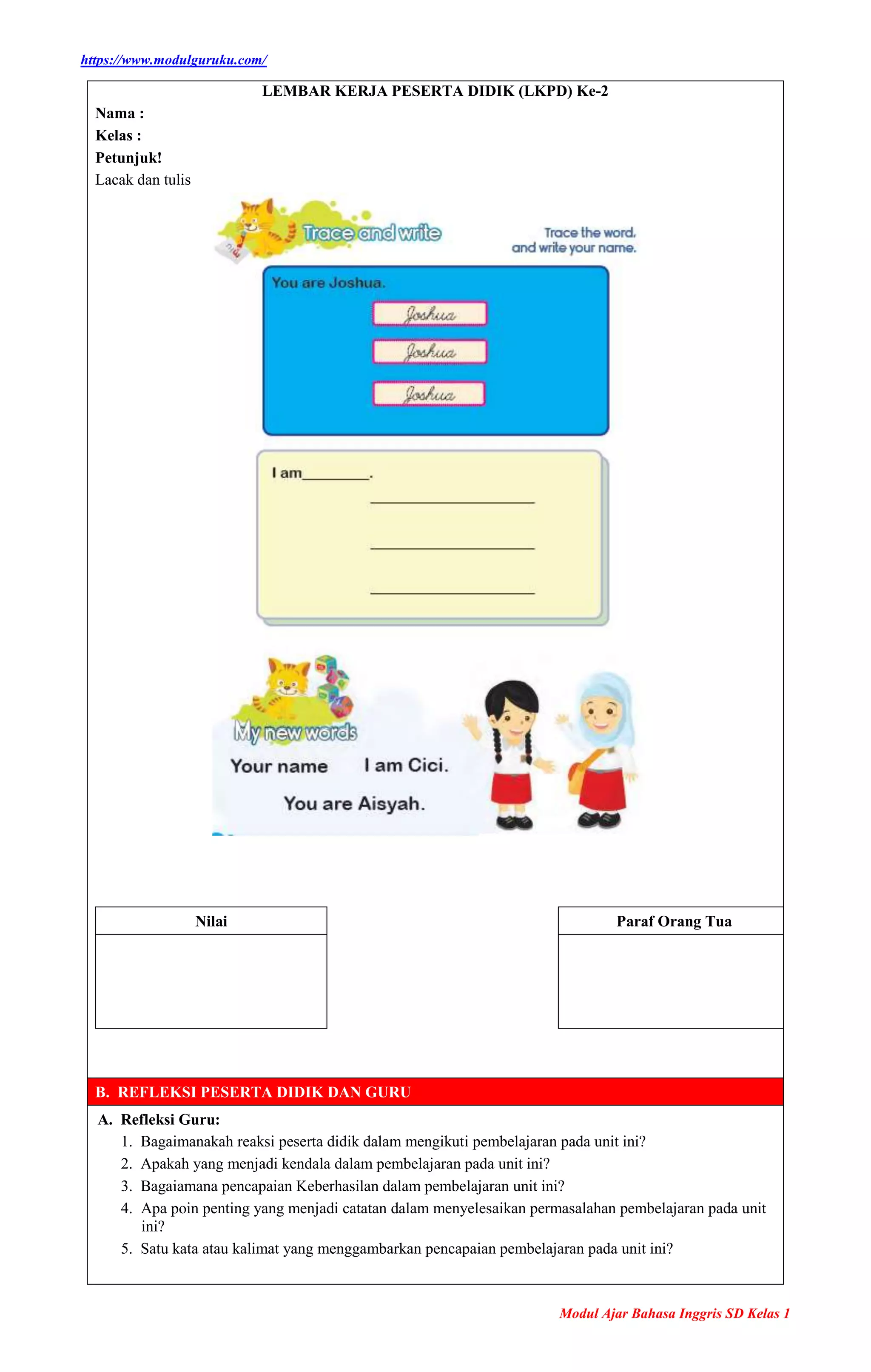 Modul Ajar Bahasa Inggris BAB 2 Kelas 1 | DOCX