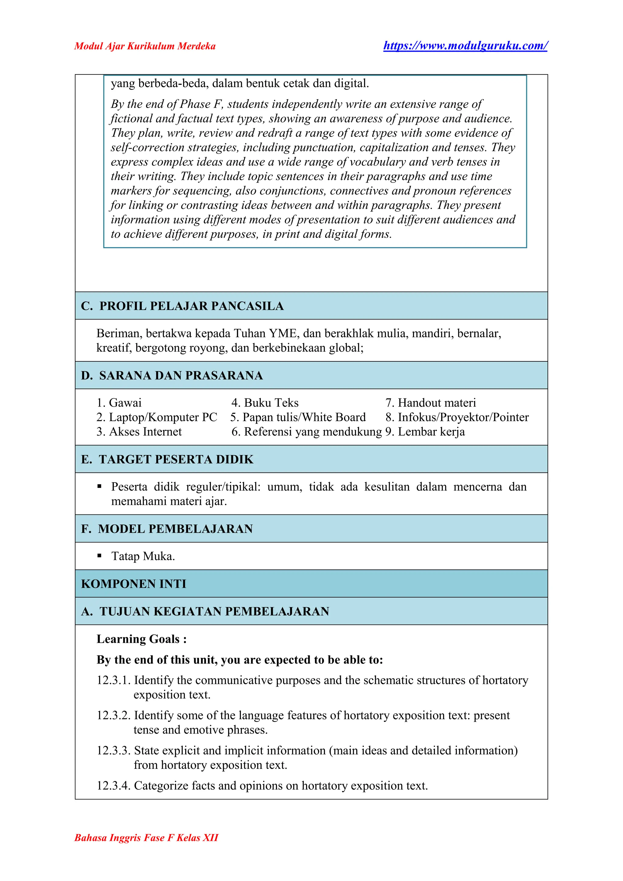 Modul Ajar Bahasa Inggris Kelas 12 Fase F Kurikulum Merdeka | PDF