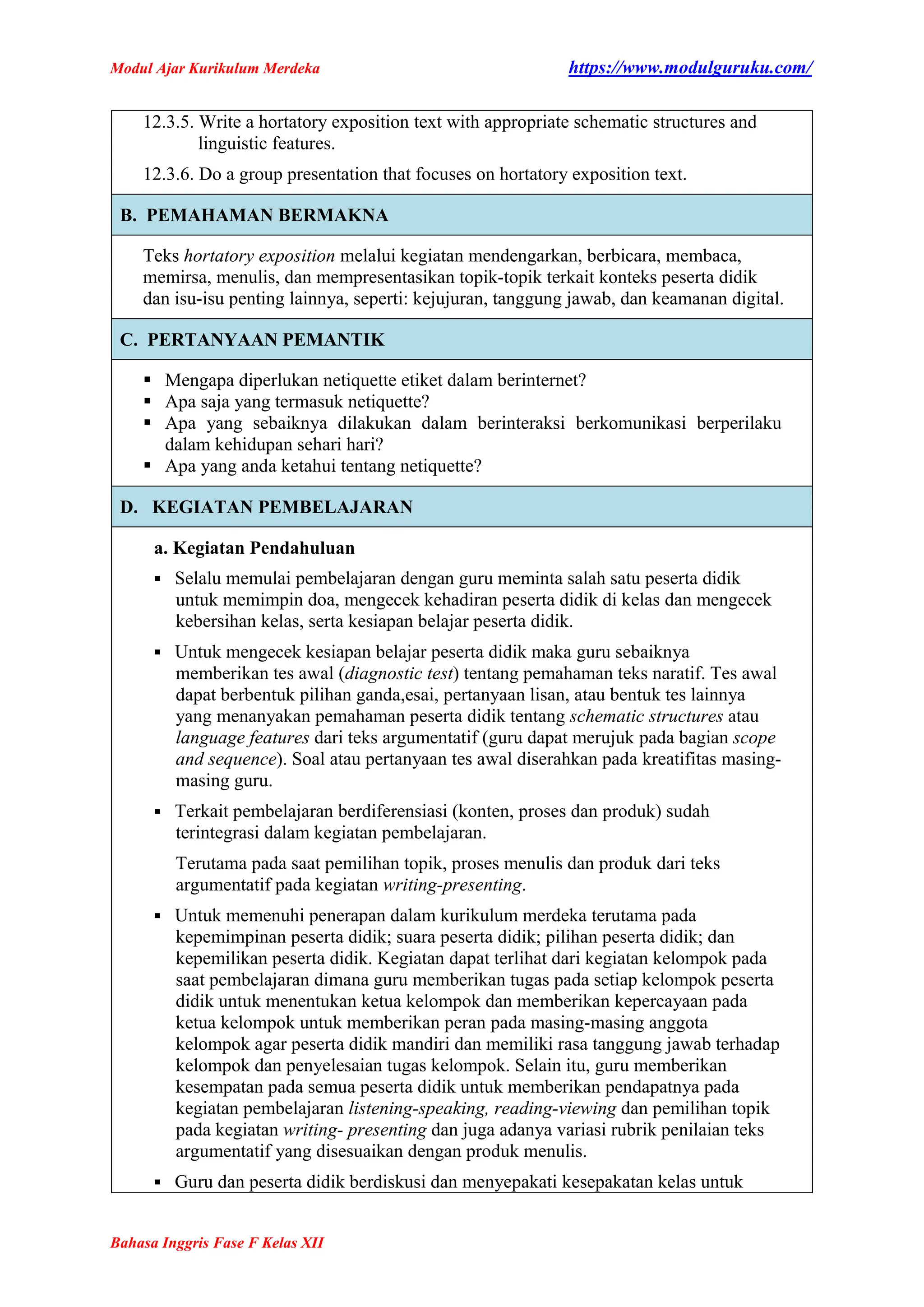 Modul Ajar Bahasa Inggris Kelas 12 Fase F Kurikulum Merdeka | PDF