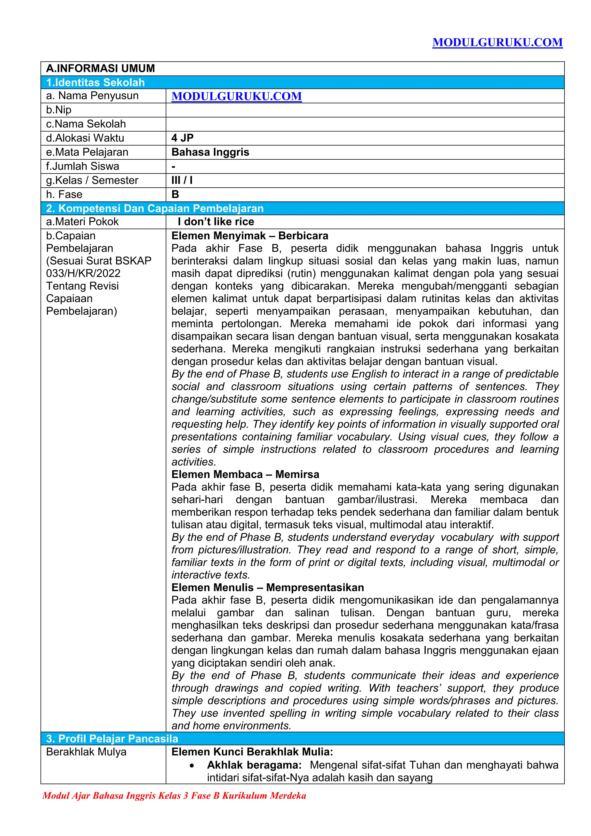 Modul Ajar Bahasa Inggris Kelas 3 Fase B Kurikulum Merdeka | PDF