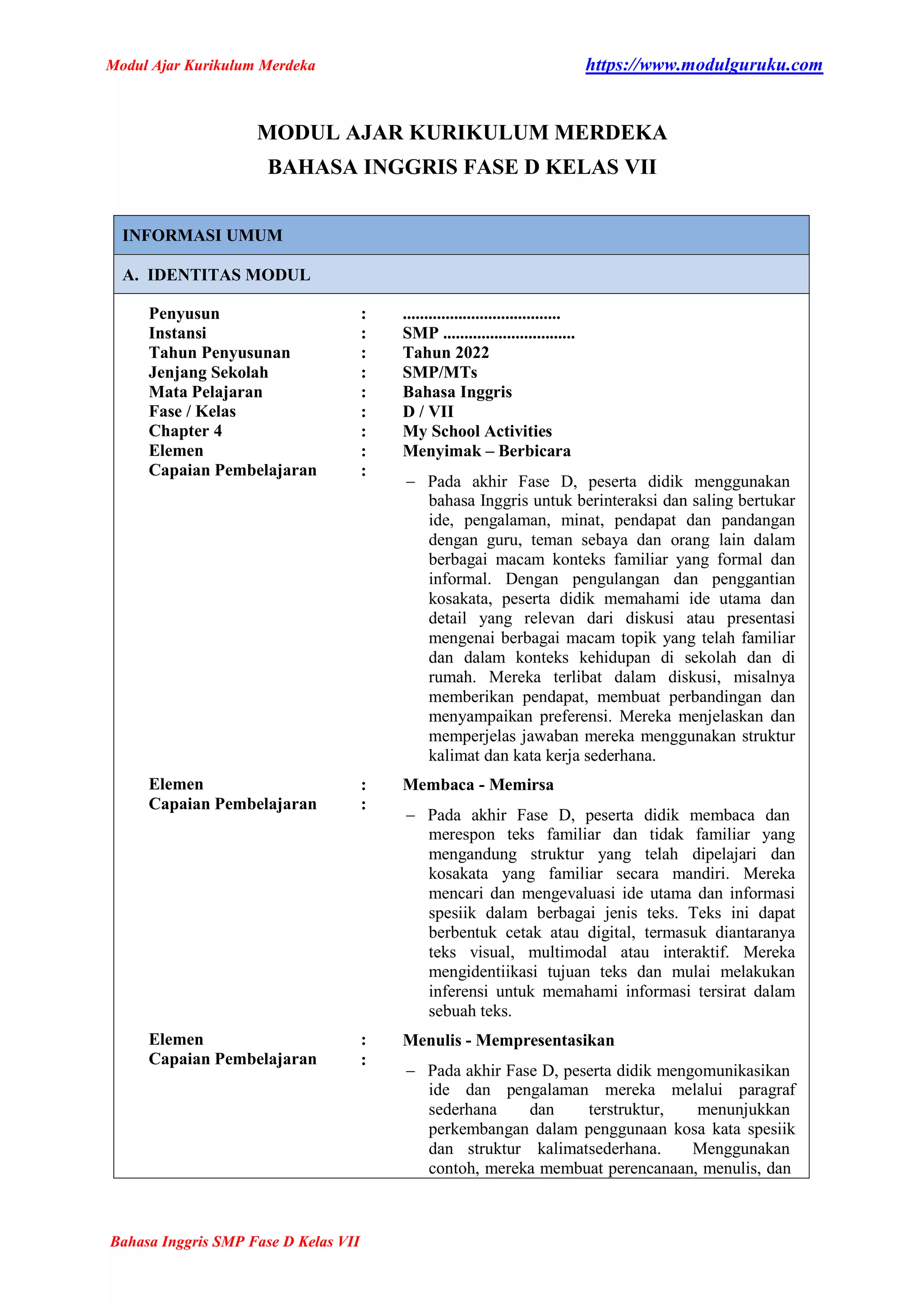Modul Ajar Bahasa Inggris Kelas 7 SMP Fase D Chapter 4 | DOC