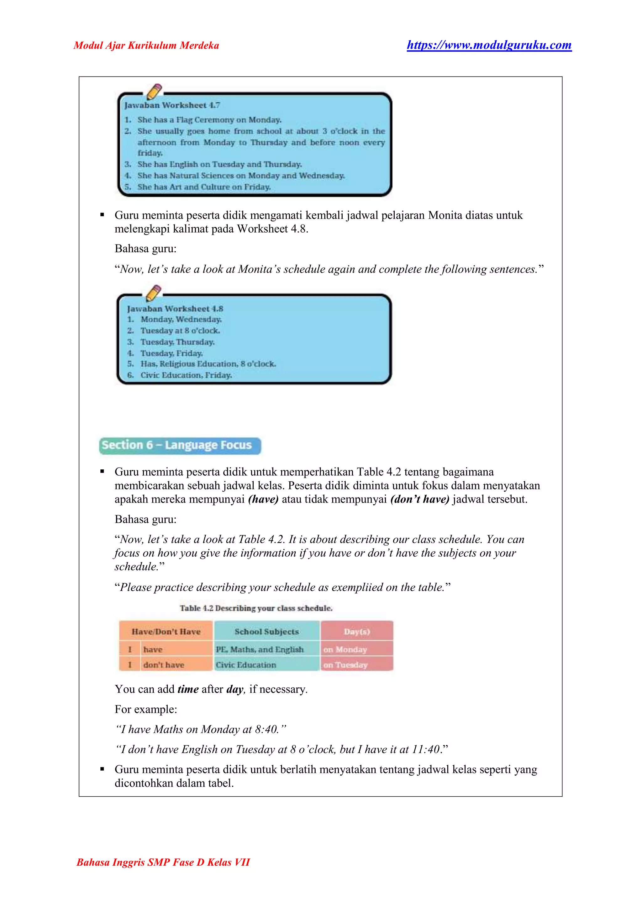 Modul Ajar Bahasa Inggris Kelas 7 SMP Fase D Chapter 4 | DOC