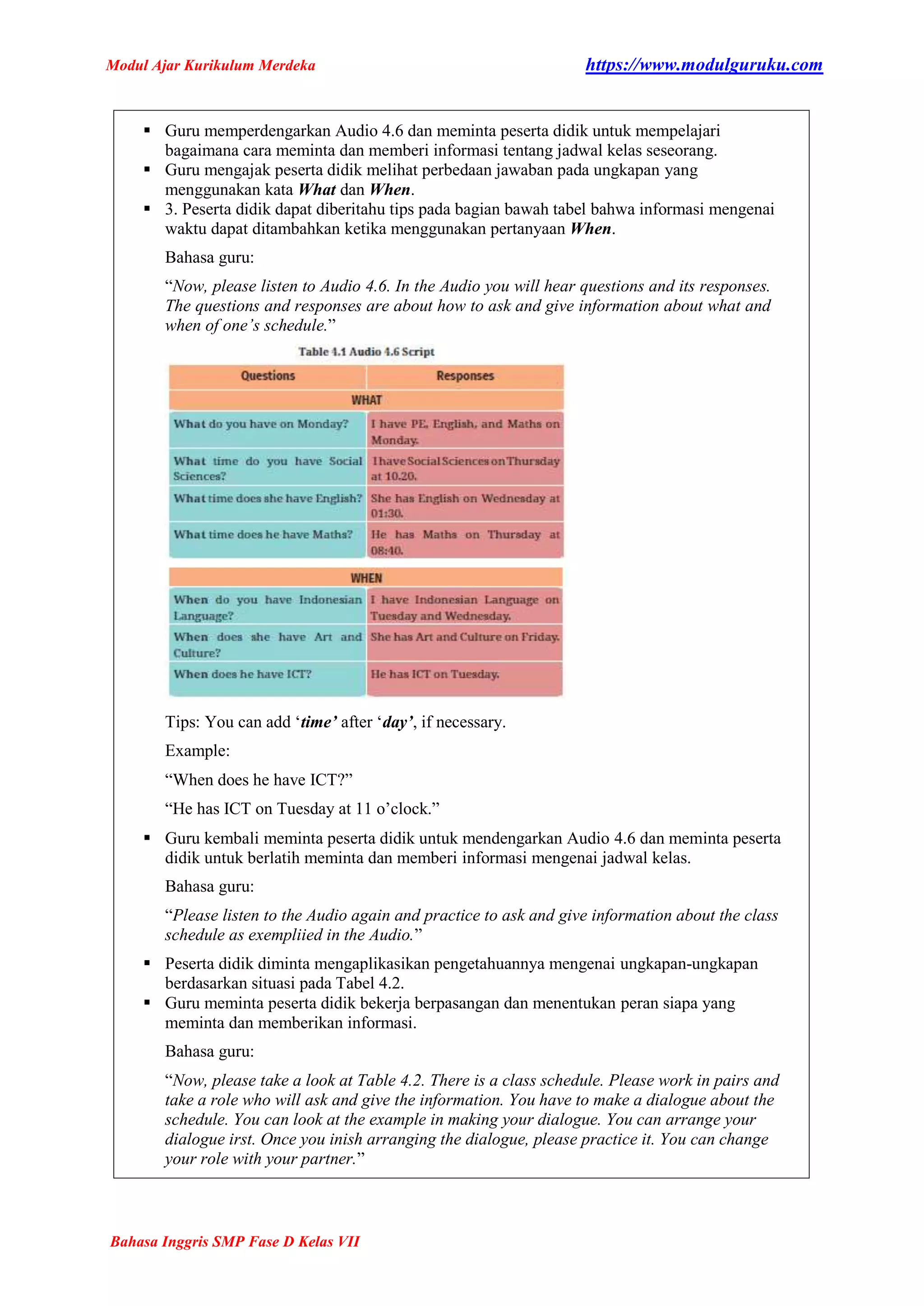 Modul Ajar Bahasa Inggris Kelas 7 SMP Fase D Chapter 4 | DOC