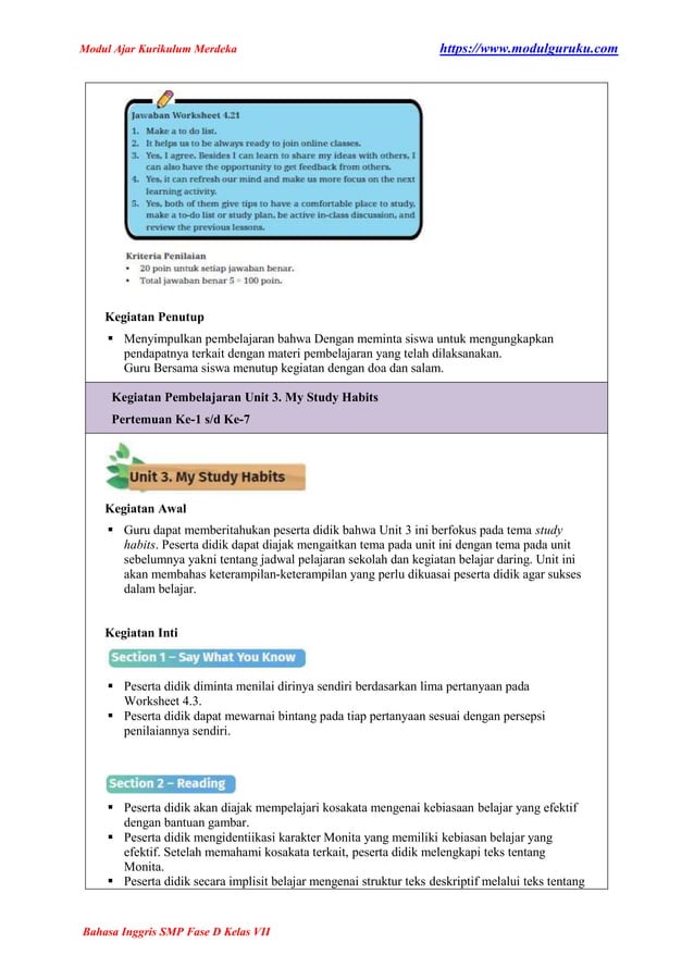 Modul Ajar Bahasa Inggris Kelas 7 SMP Fase D Chapter 4 | DOC